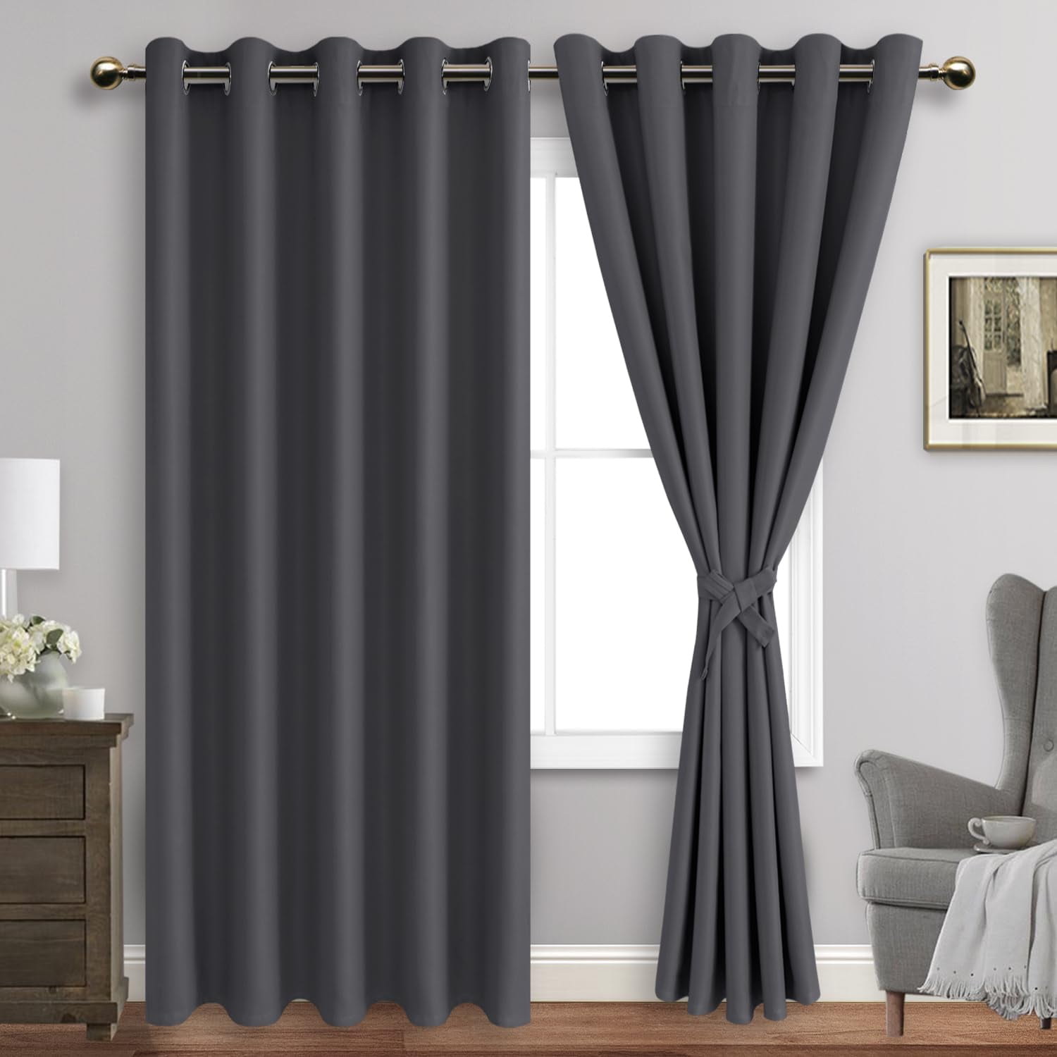 JIUZHEN Dark Grey Blackout Curtains for Bedroom with Tiebacks - Thermal ...