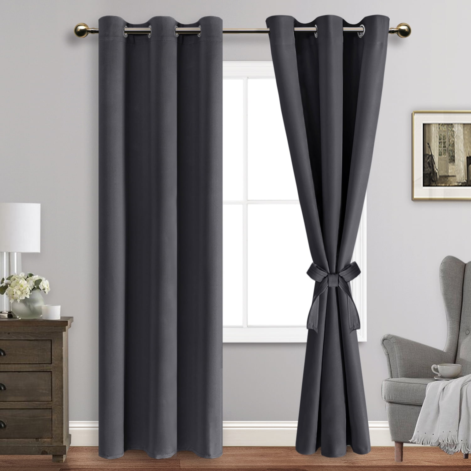 JIUZHEN Dark Grey Blackout Curtains for Bedroom with Tiebacks - Thermal ...