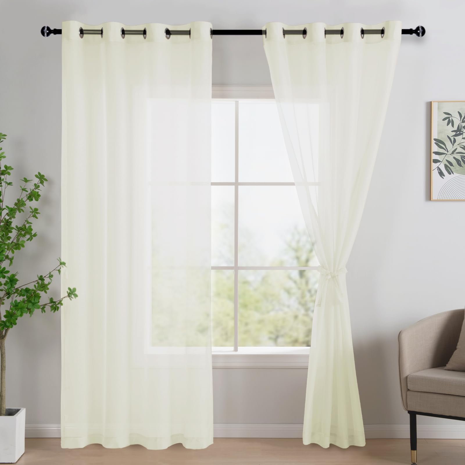 JIUZHEN, Ivory Sheer Curtains, 52Wx84L, Set of 2 with Tiebacks ...