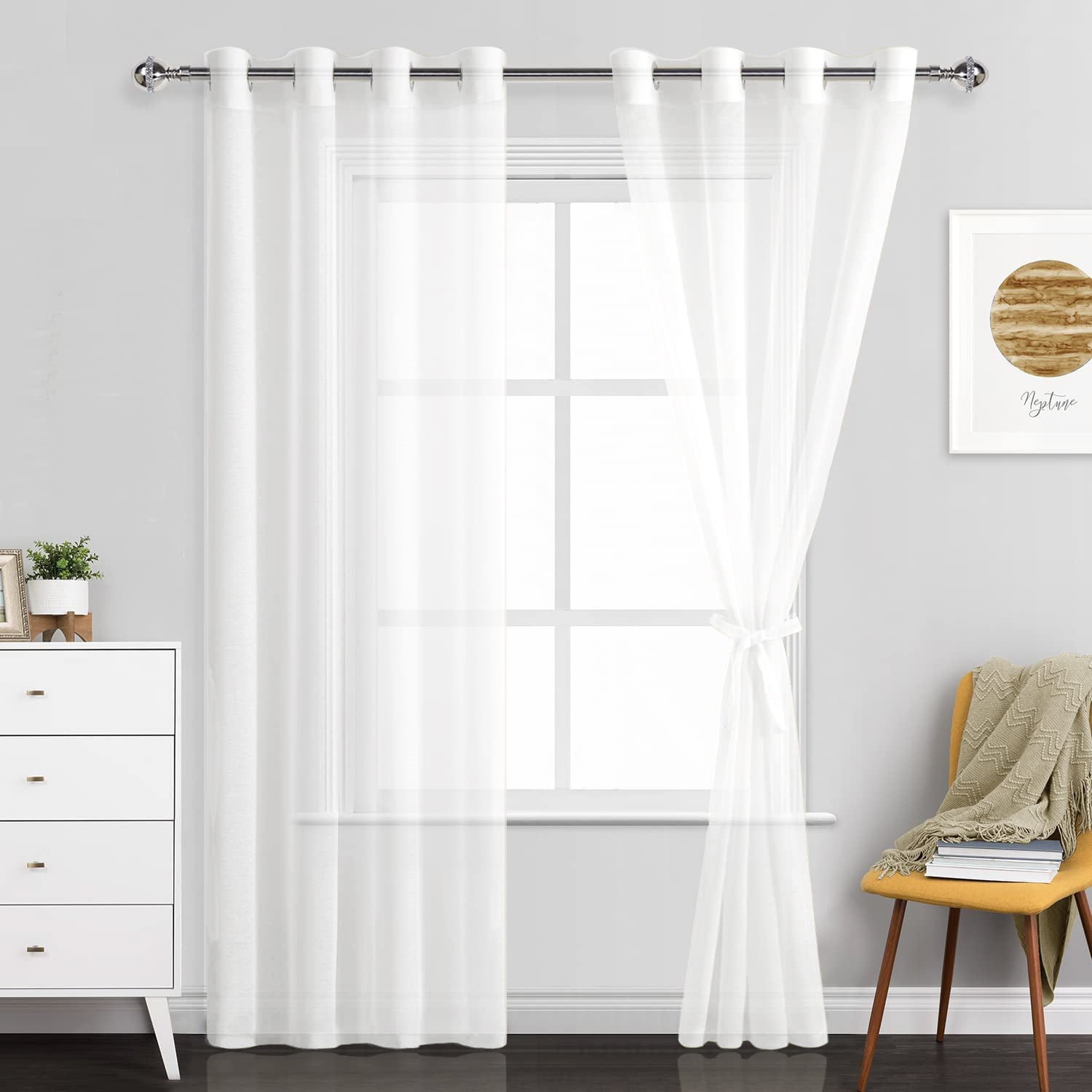 JIUZHEN Ivory Sheer Curtains 84 Inches Long - Semi Transparent Light Filtering Grommet Window ...