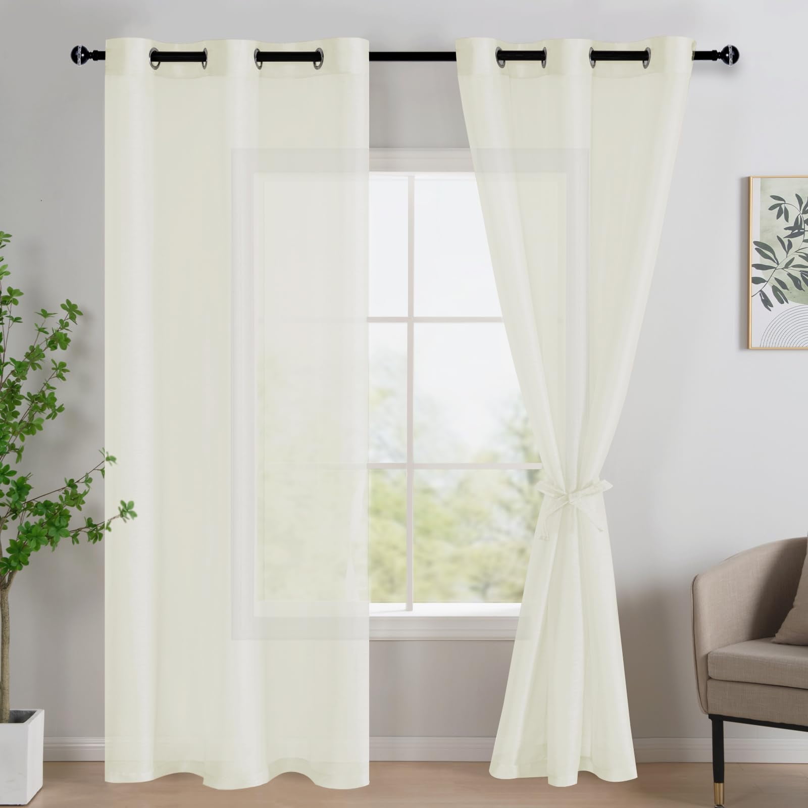 JIUZHEN Ivory Sheer Curtains 84 Inches Long - Semi Transparent Light ...