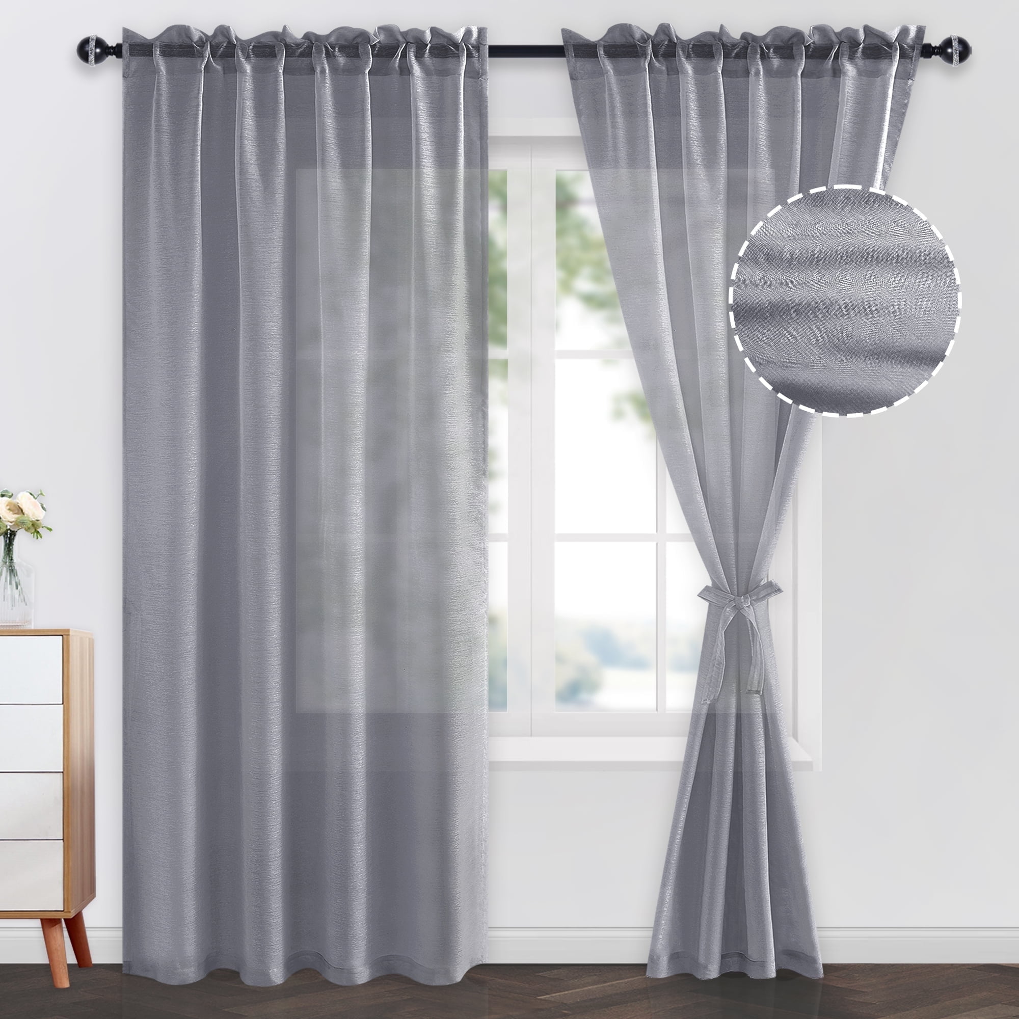 JIUZHEN Semi Sheer Curtains 72 Inches Long, Rod Pocket Light Filtering Semi Transparent Voile ...