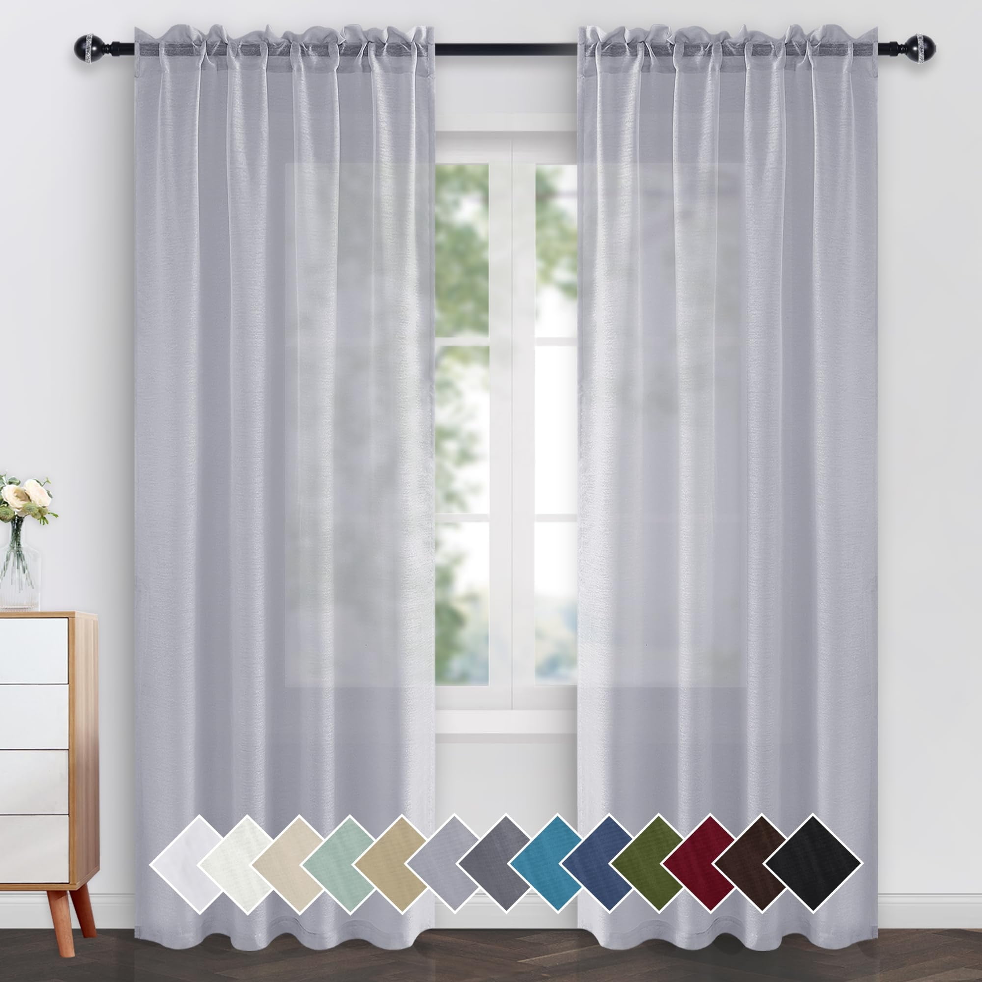 JIUZHEN Semi Sheer Curtains 84 Inches Long, Rod Pocket Light Filtering ...