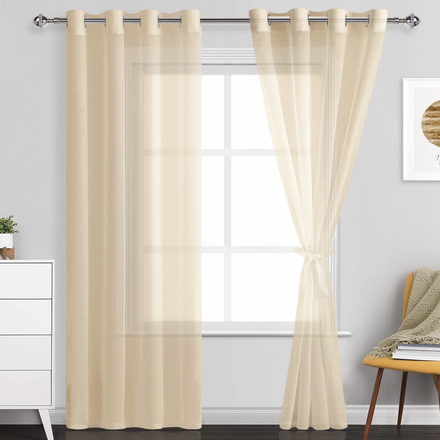 JIUZHEN Semi Sheer Curtains for Living Room, 52Wx 84L, Beige, Set of 2 ...