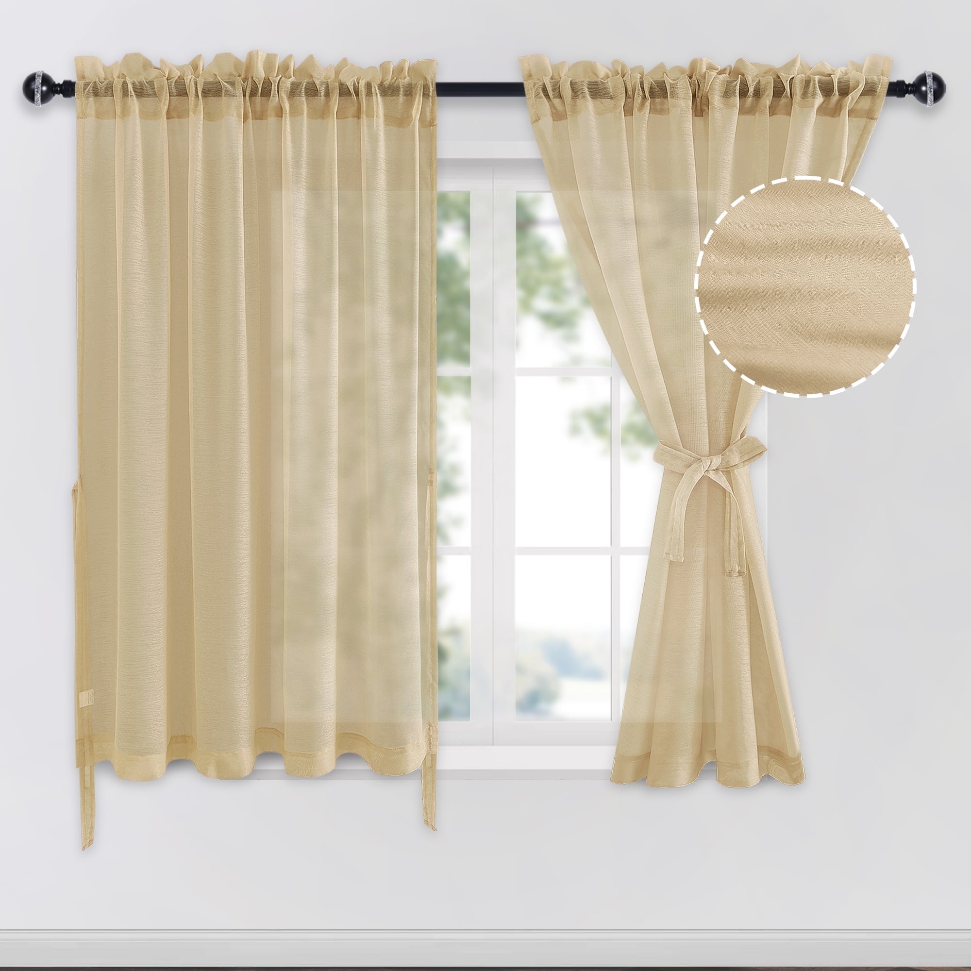 JIUZHEN Sheer Curtains with Tiebacks, Light Filtering Semi Transparent ...