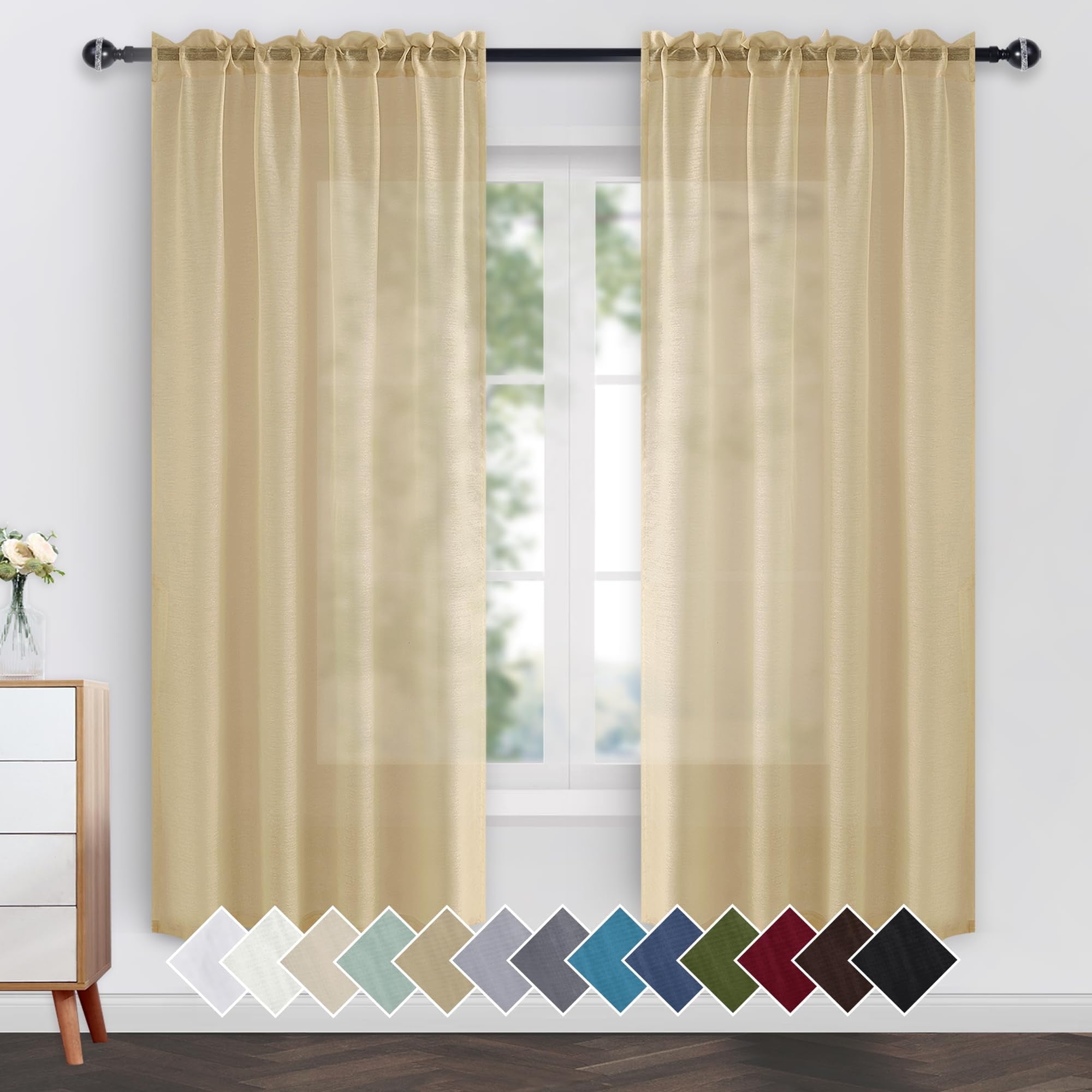 JIUZHEN Sheer Curtains with Tiebacks, Light Filtering Semi Transparent ...