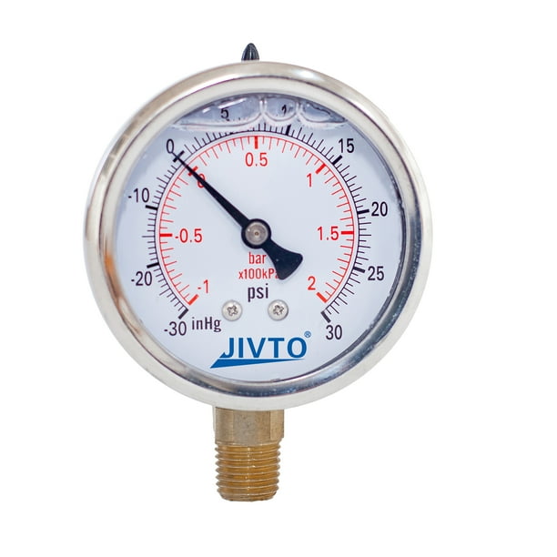 JIVTO Liquid Filled Compound Pressure Gauge , 2" Dia ,-30 inHg-30 Psi, -1-2 Bar/Kpa, 1/4" NPT ...