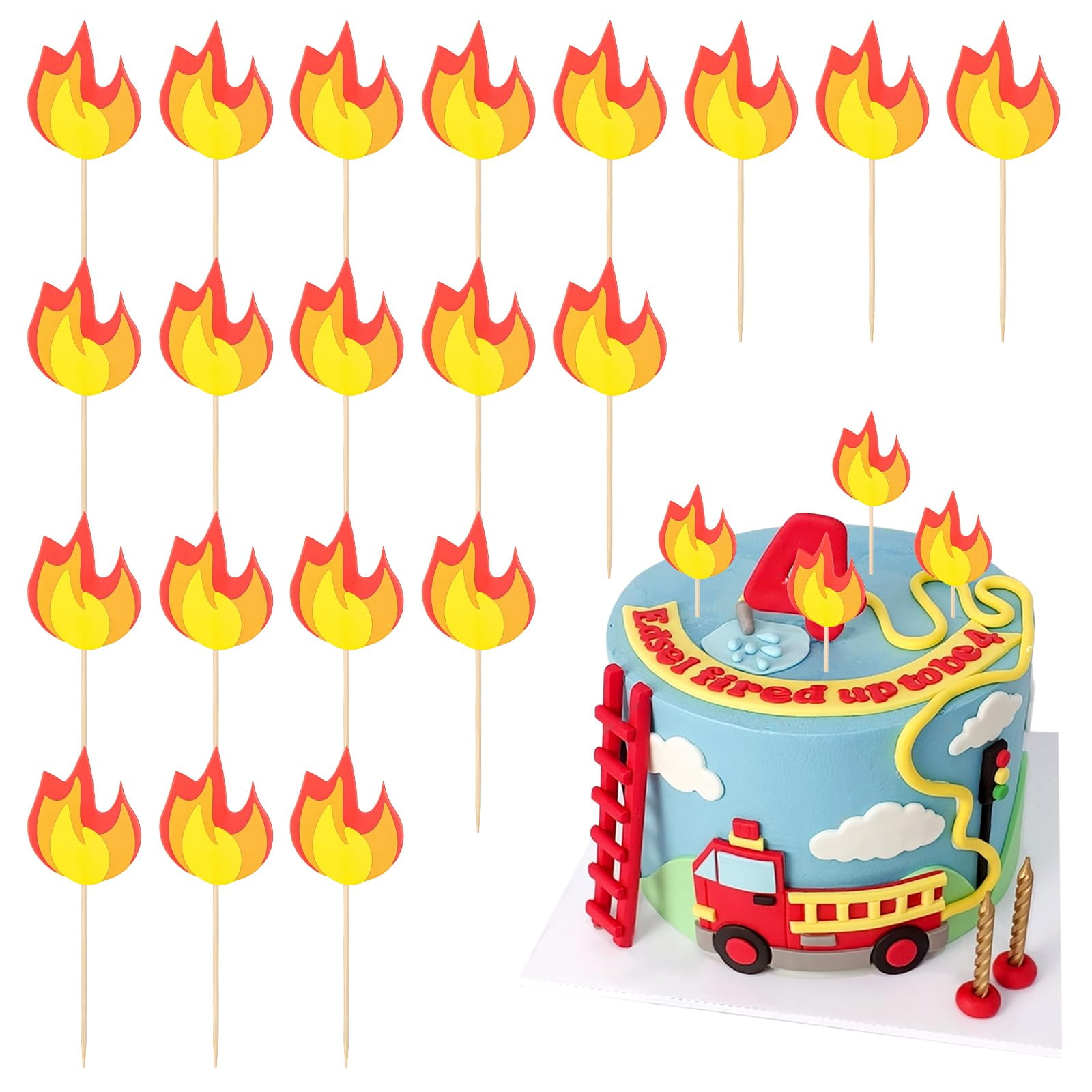 JIYIN 20 PcsTRDN Fire Truck Cake Topper, Fireman Cupcake Toppers Fire ...