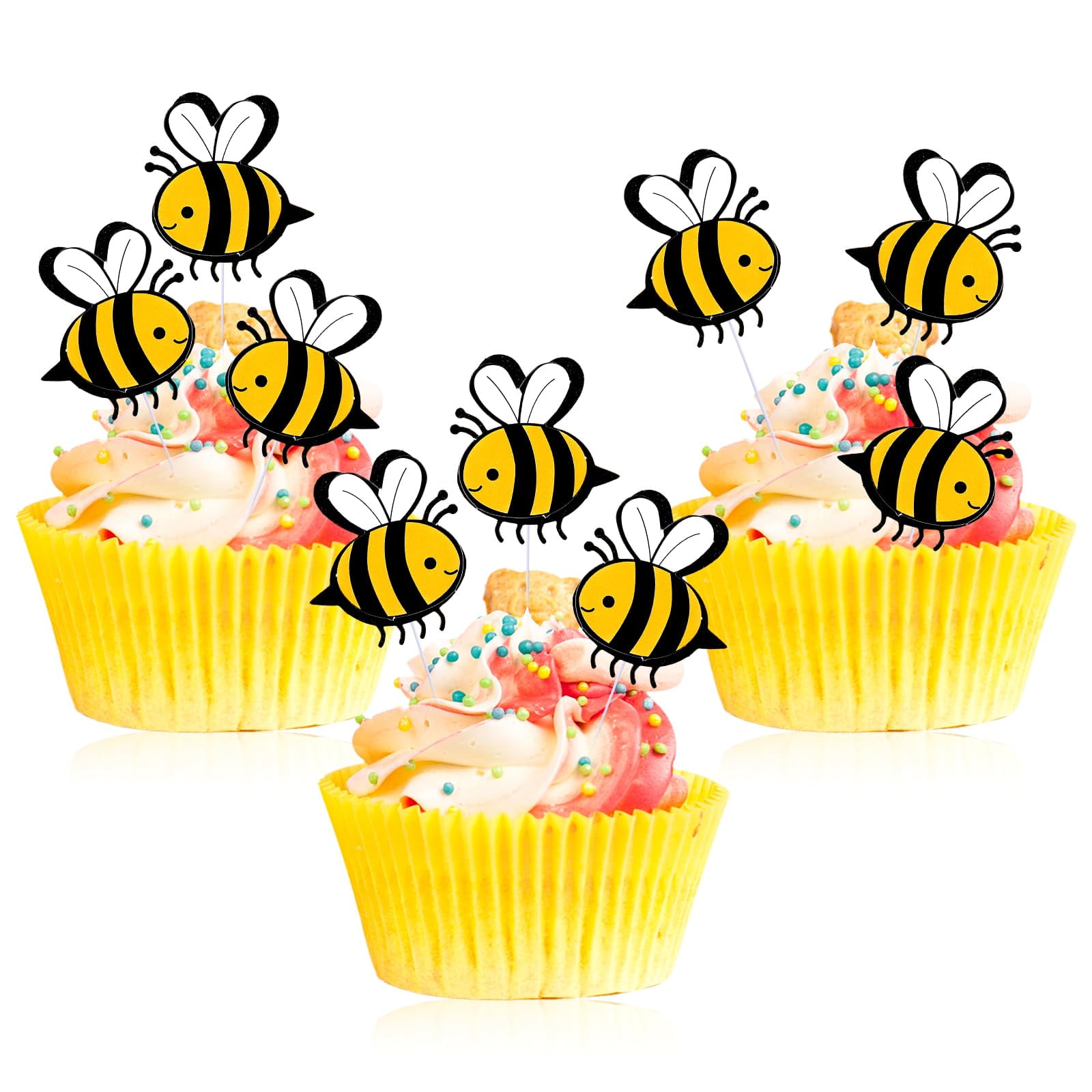 JIYIN 30 Pcs TWE5 Bee Cake Toppers, Double Layer Bee Card Cake Toppers ...