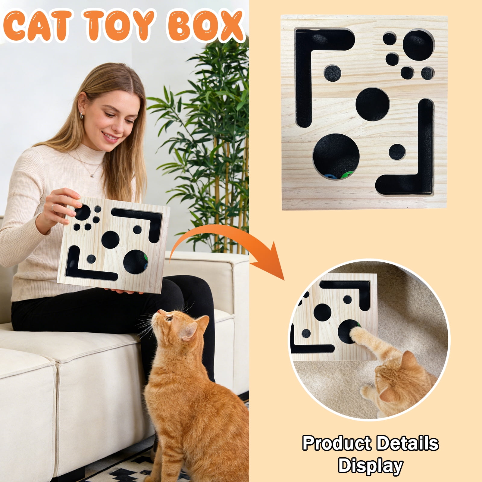 JIhuahe Cat Scratch Puzzle Enrichment Box, Wooden Cat Nail File Box ...