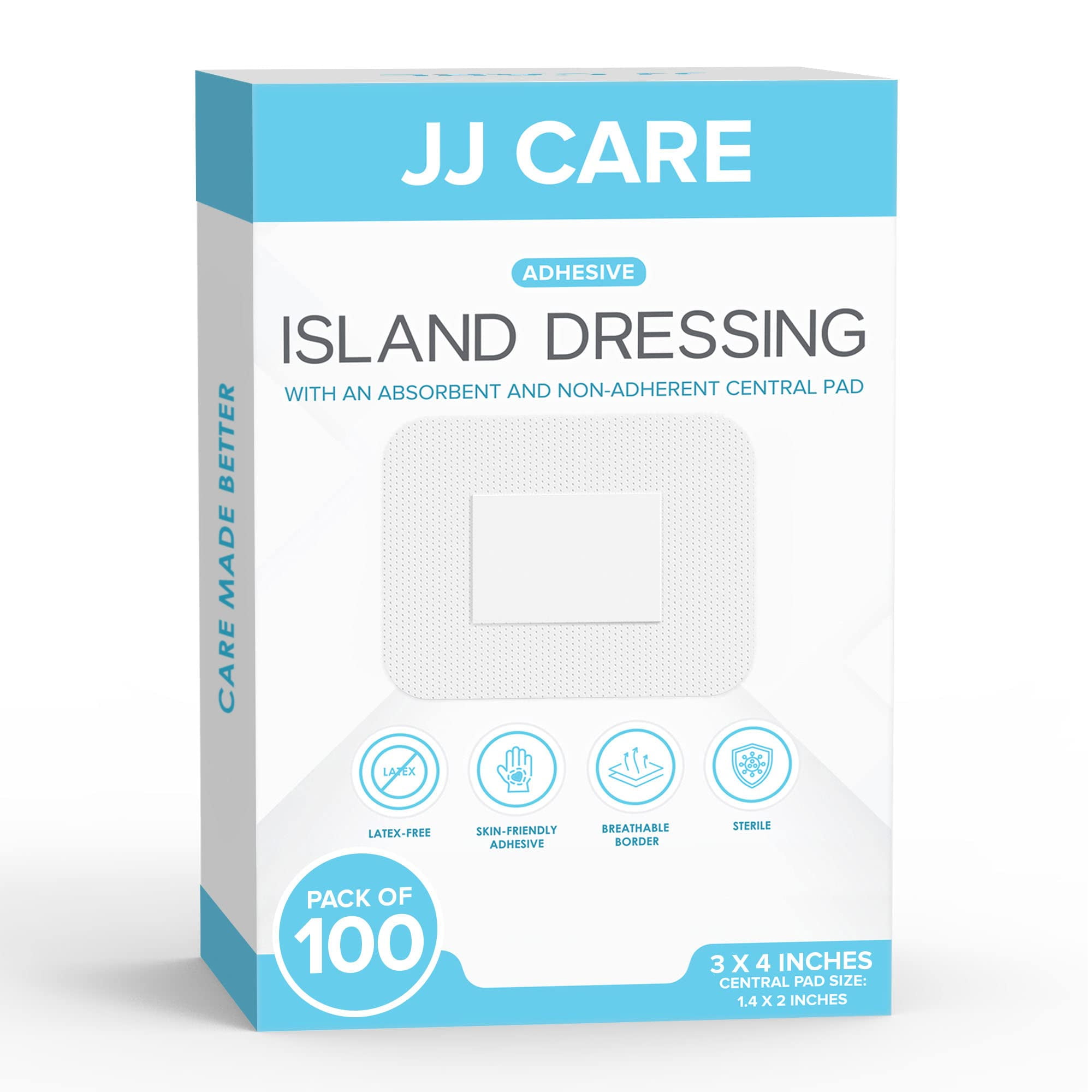 JJ CARE Adhesive Island Dressing [Pack of 100], 3x4 Sterile Bordered ...