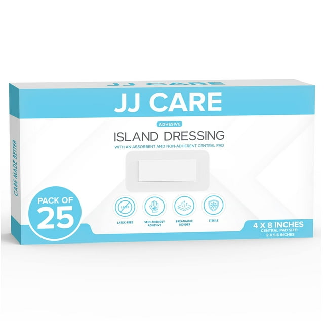 JJ CARE Adhesive Island Dressing [Pack of 25], 4” x 8” Sterile Island Wound Dressing, Breathable ...