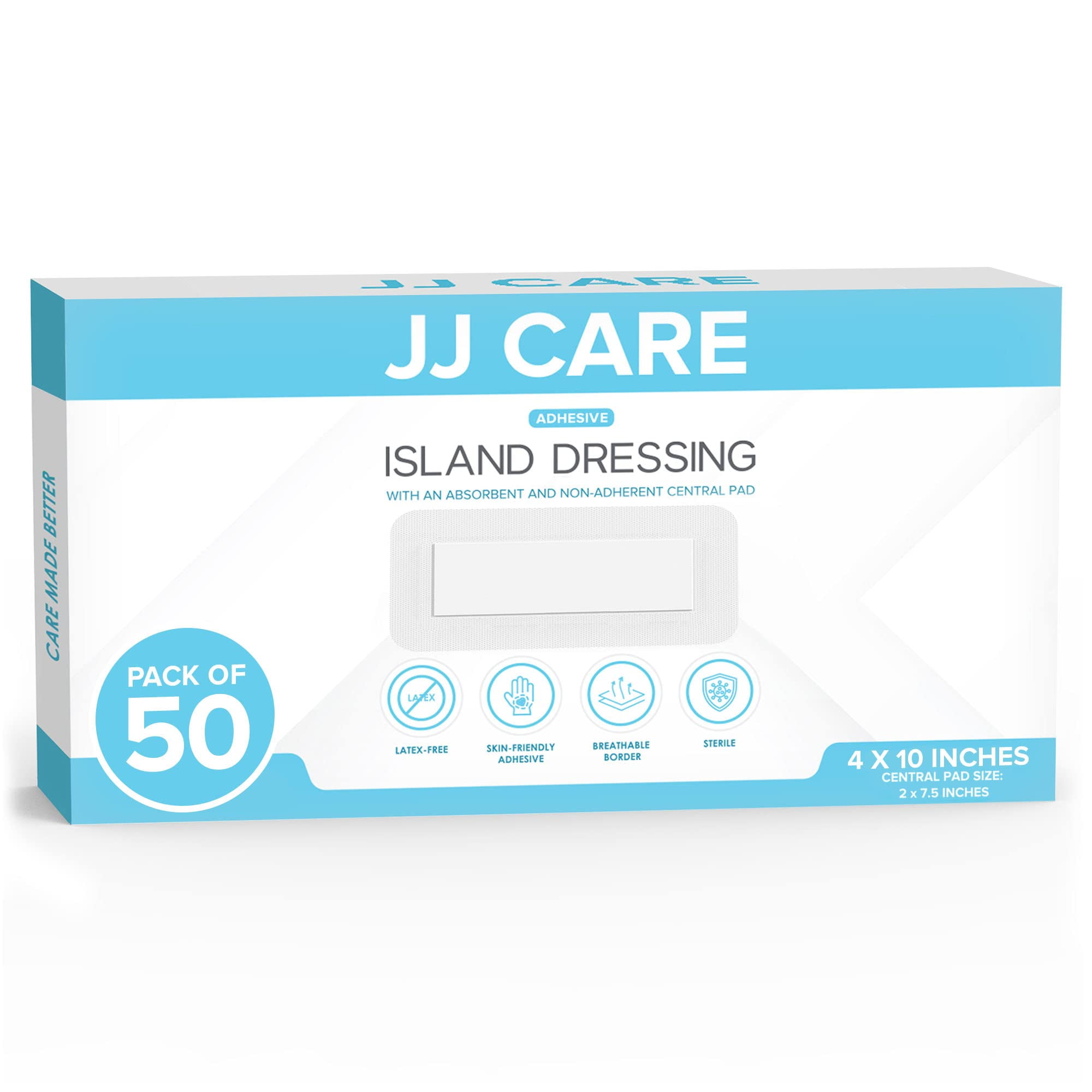 JJ CARE Adhesive Island Dressing [Pack of 50], 4” x 10” Sterile Island Wound Dressing ...
