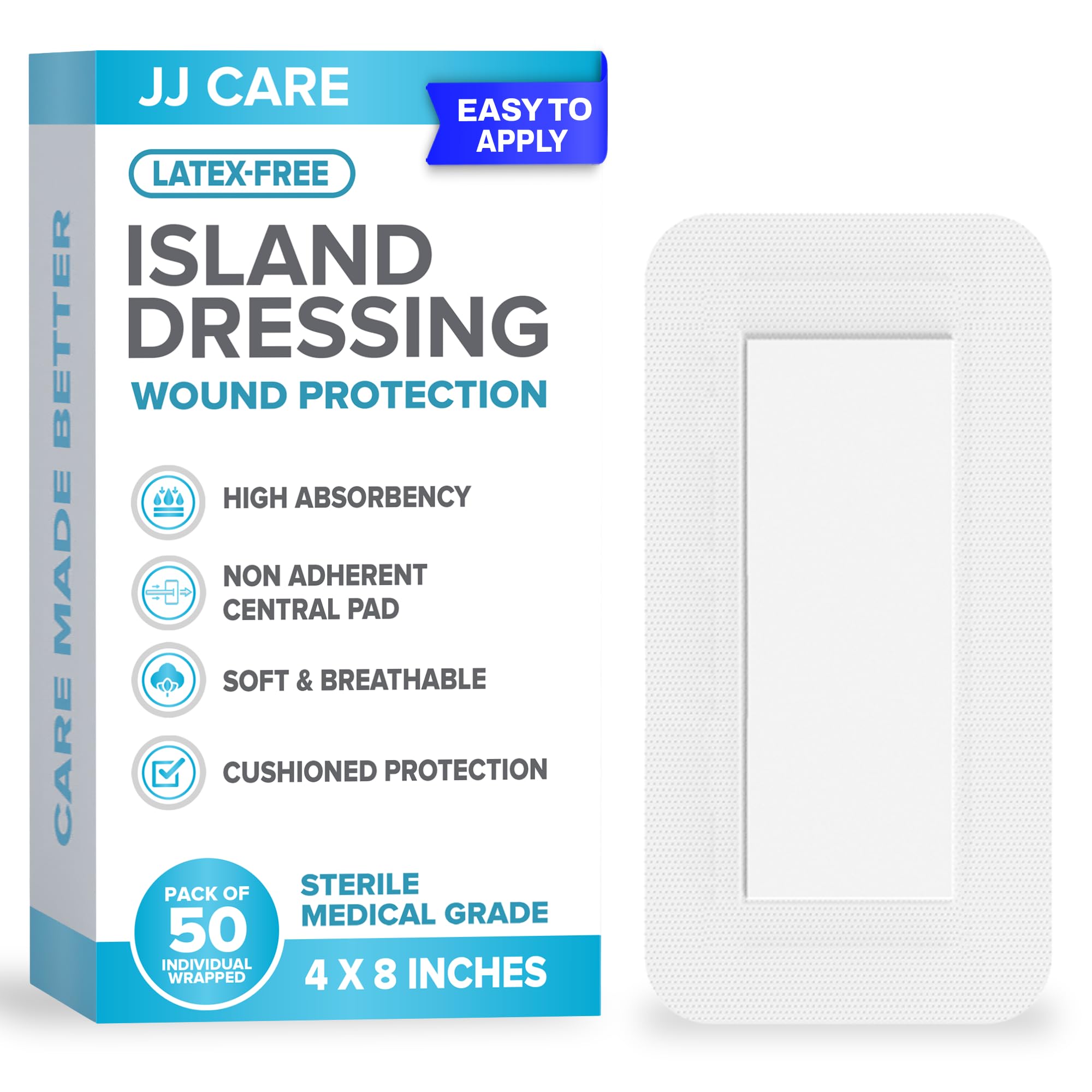 JJ CARE Adhesive Island Dressing [Pack of 50], 4” x 8” Sterile Bordered ...