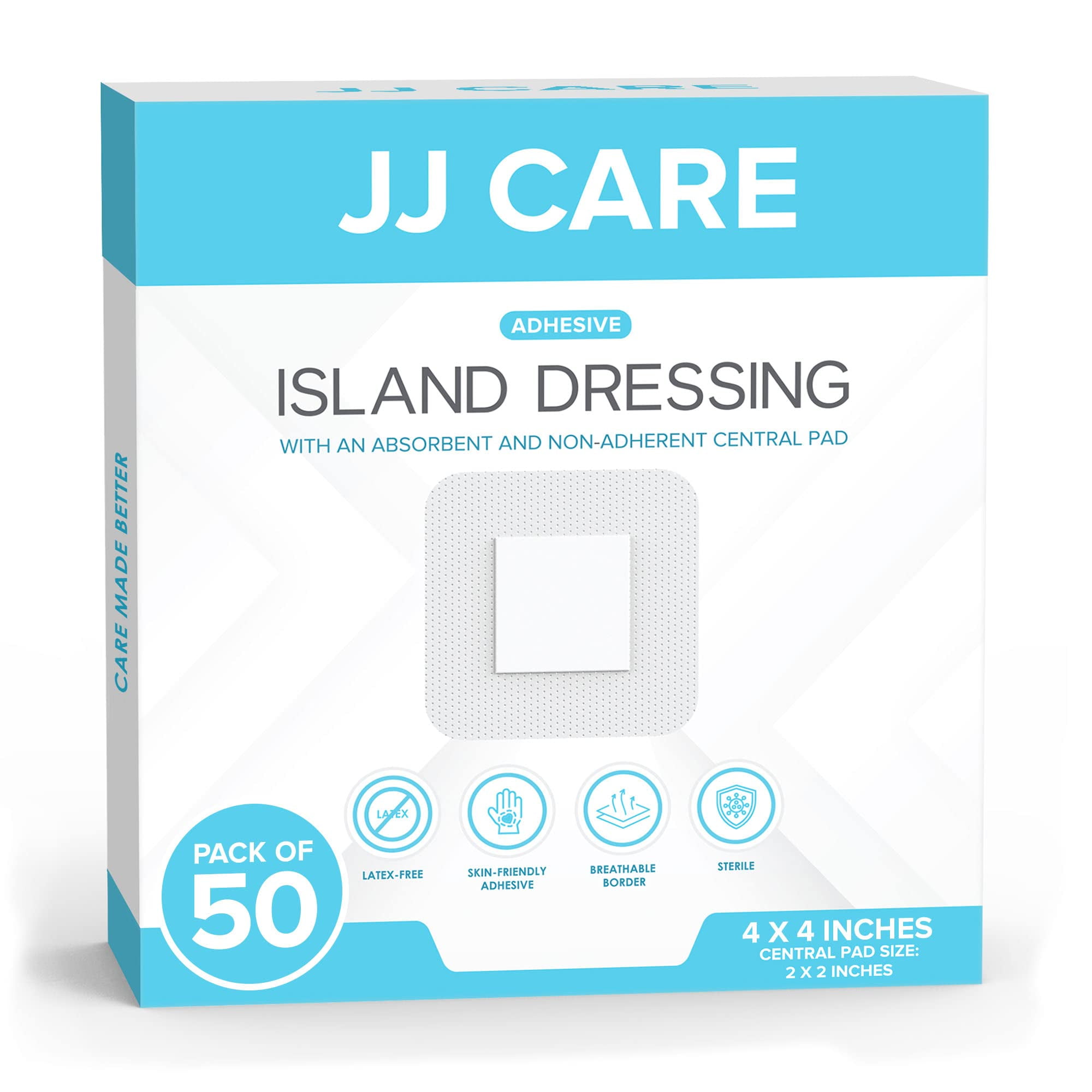 JJ CARE Adhesive Island Dressing [Pack of 50], 4x4 Sterile Bordered Gauze Dressing, Breathable ...