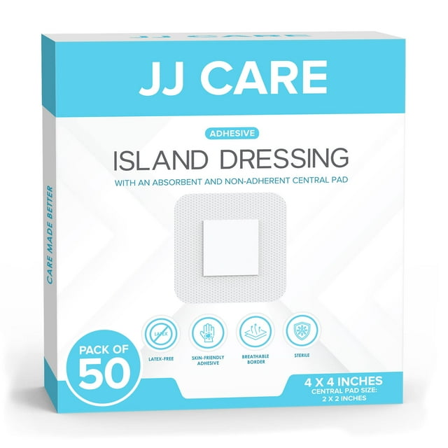JJ CARE Adhesive Island Dressing [Pack of 50], 4x4 Sterile Bordered ...