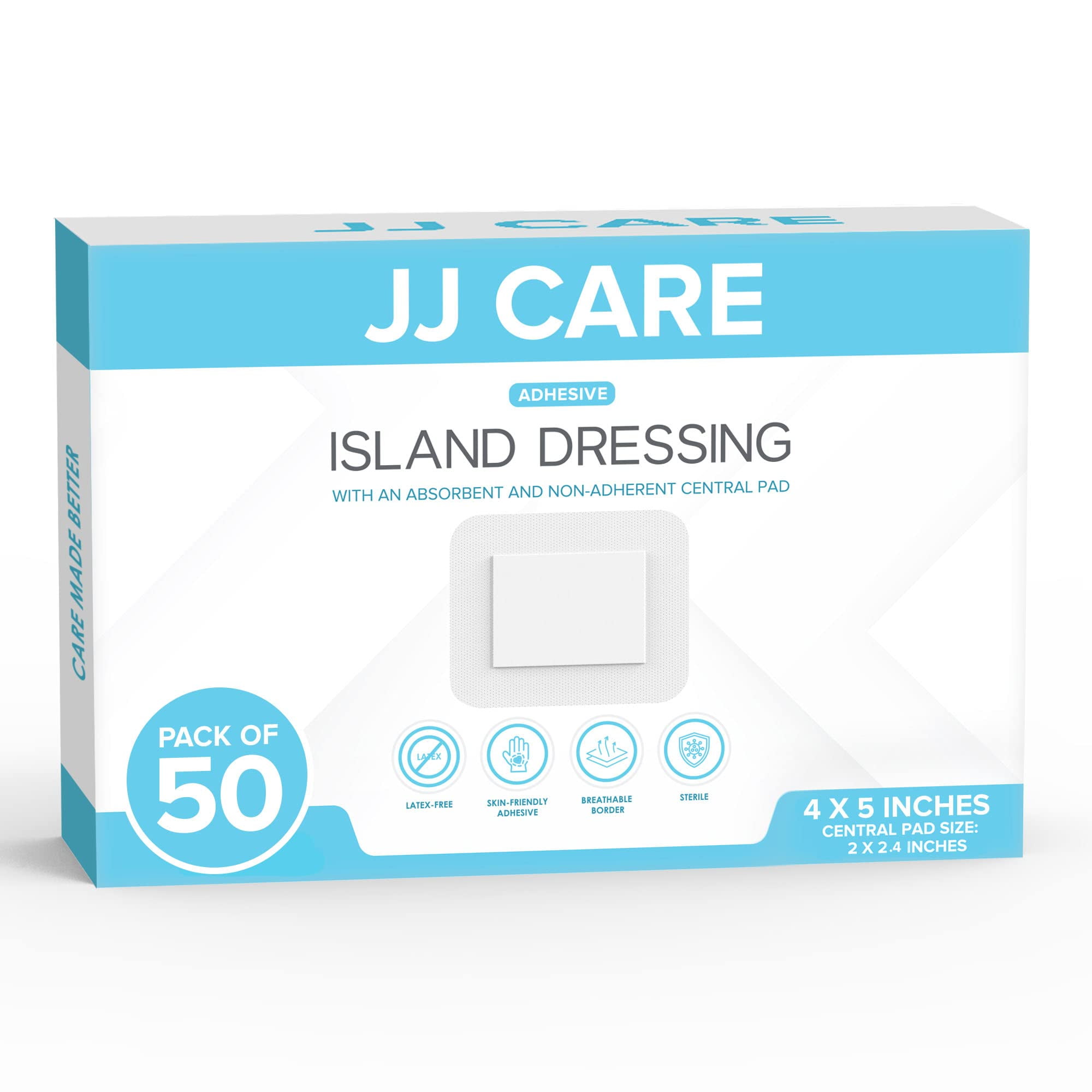 JJ CARE Adhesive Island Dressing [Pack of 50], 4x5 Sterile Bordered ...