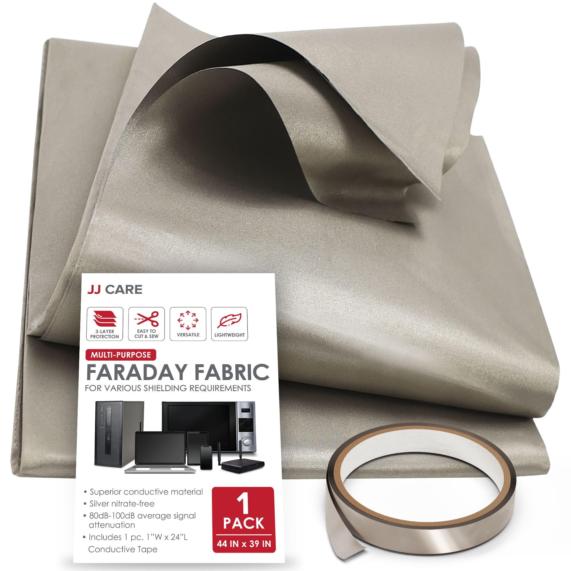JJ CARE Faraday Fabric [Pack of 1, 44" x 39" Faraday Cloth + 1" x 24 ...
