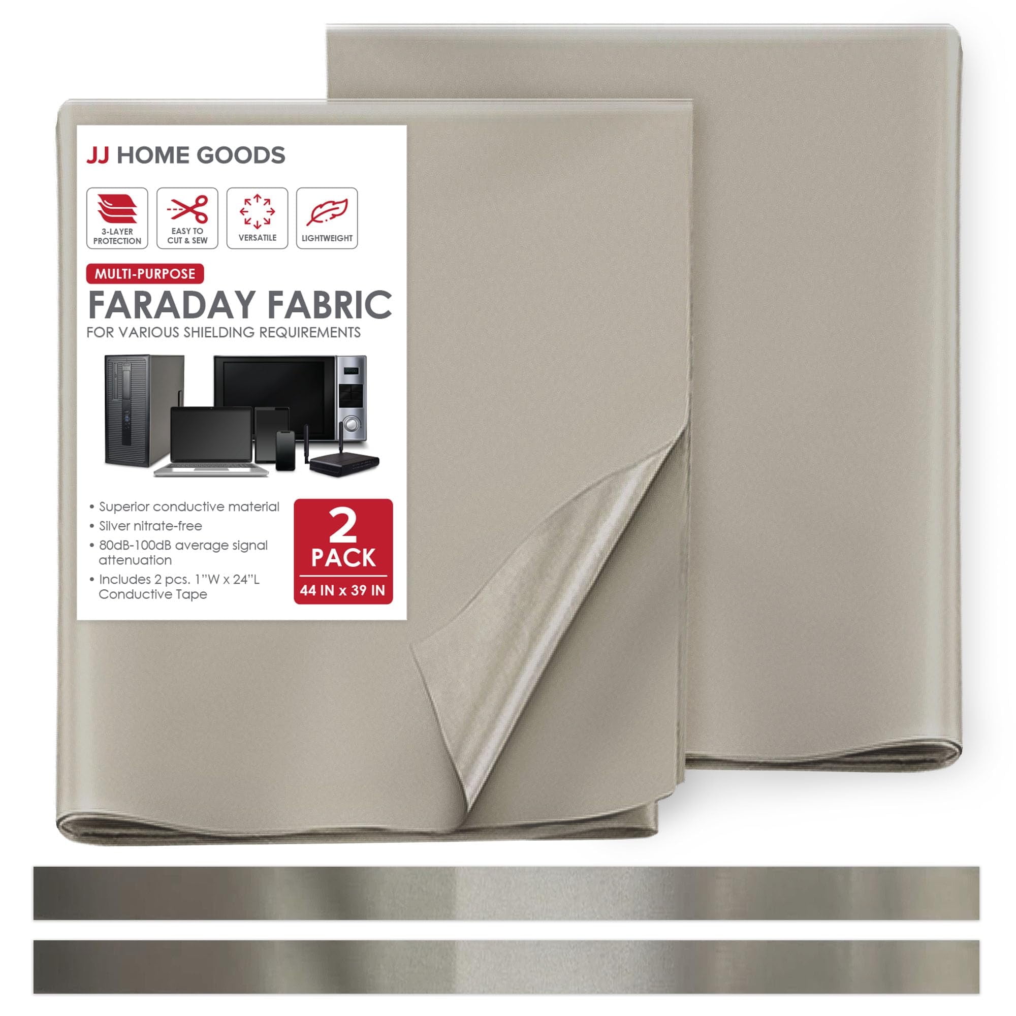 JJ CARE Faraday Fabric [Pack of 2, 44" x 39" Faraday Cloth + 1" x 24 ...