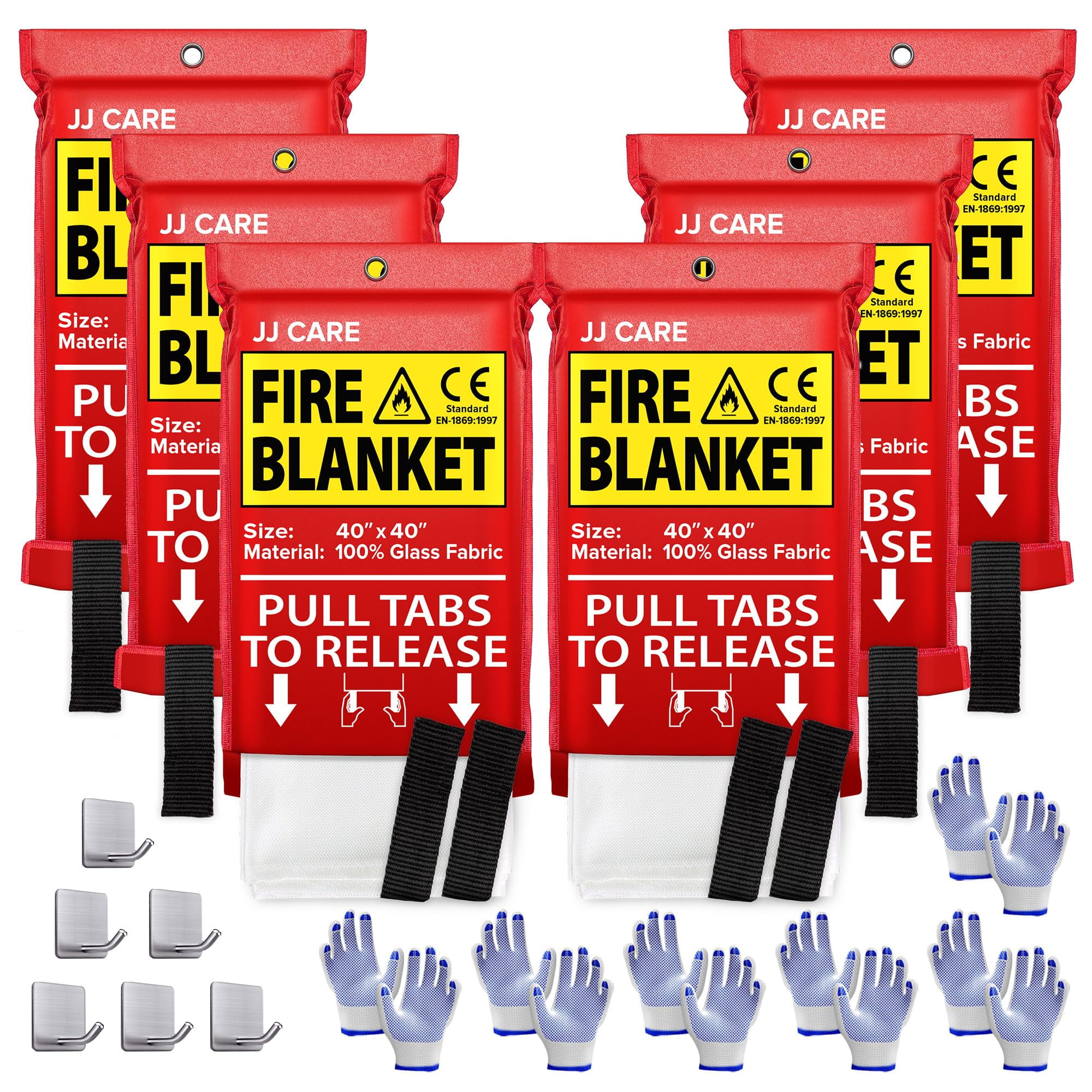 JJ CARE Fire Blanket (6 Pack) with Hooks & Gloves - High Heat Resistant ...