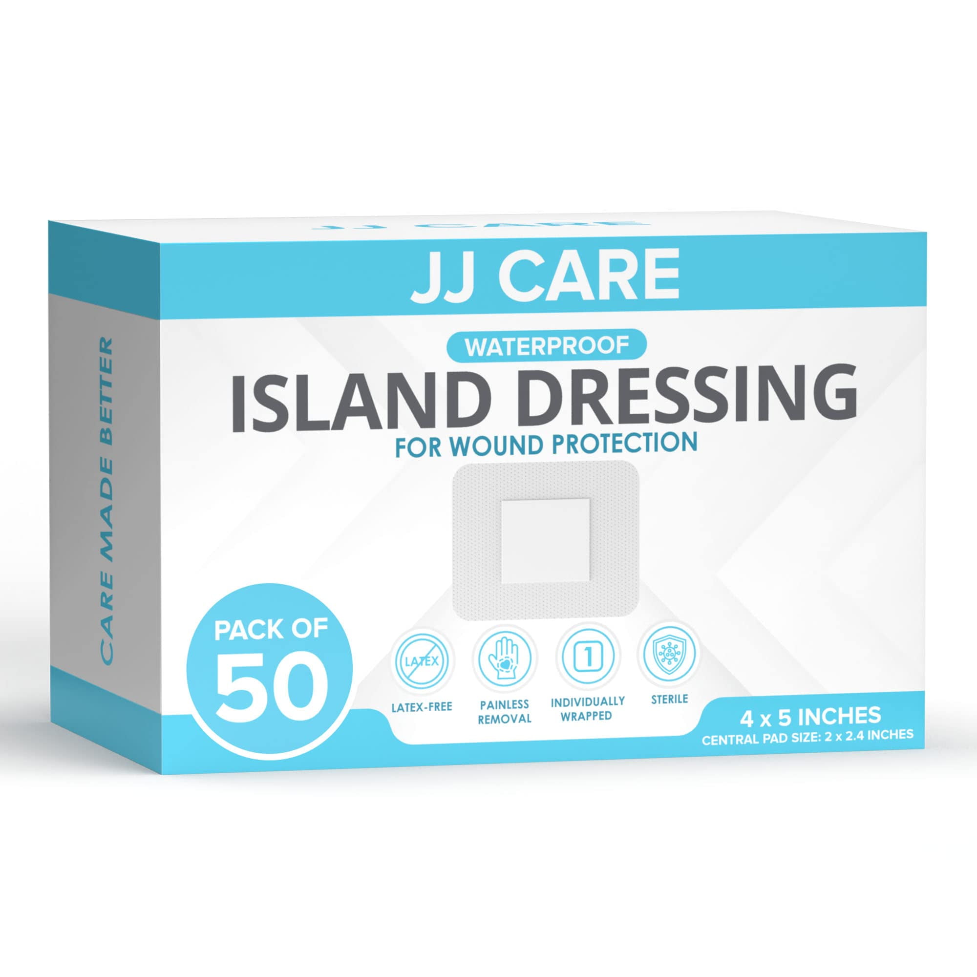 JJ CARE Waterproof Adhesive Island Dressing [Pack of 50], 4" x 5" Sterile Island Wound Dressing ...