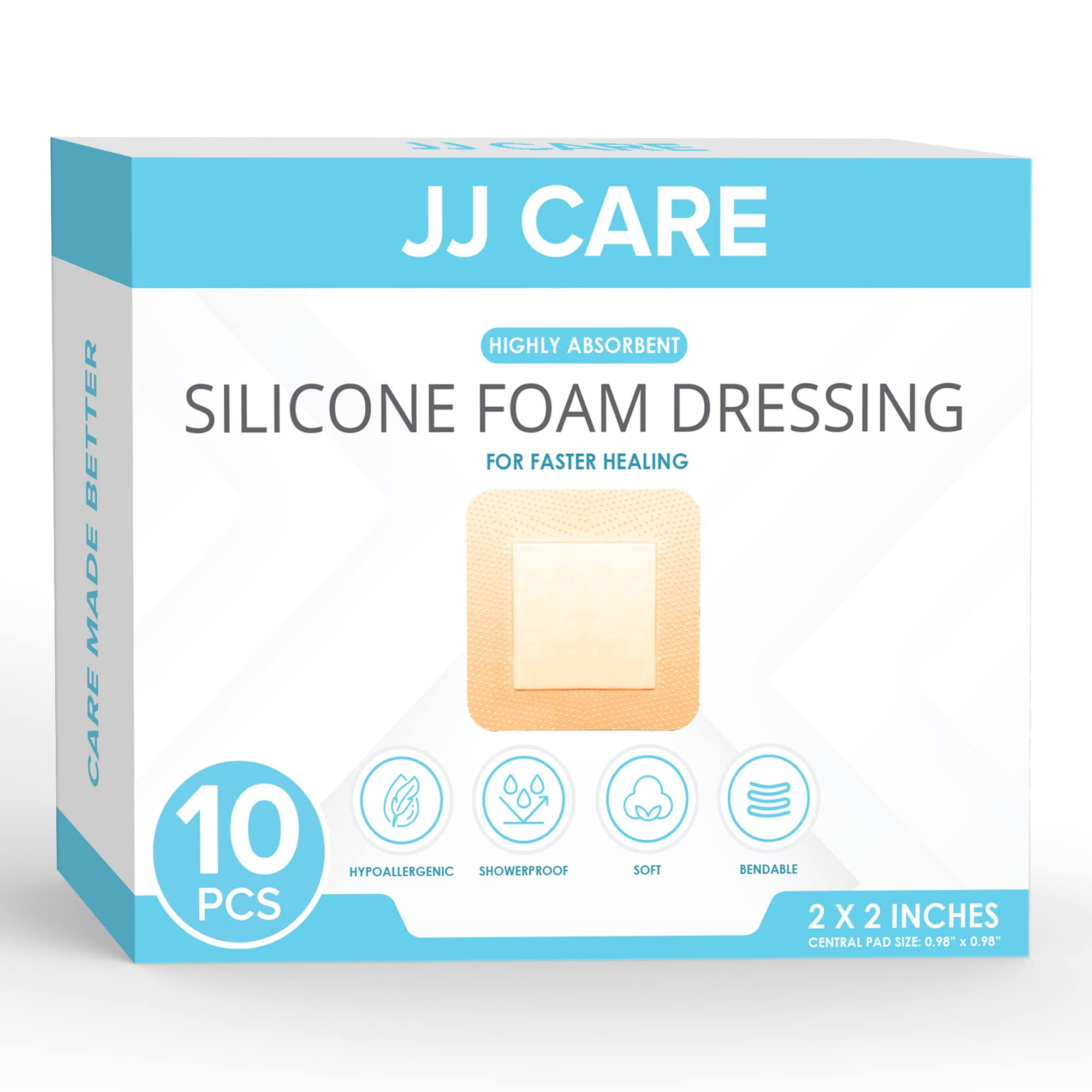 JJ CARE Silicone Foam Dressing 2x2 [Pack of 10], Silicone Bandages for ...