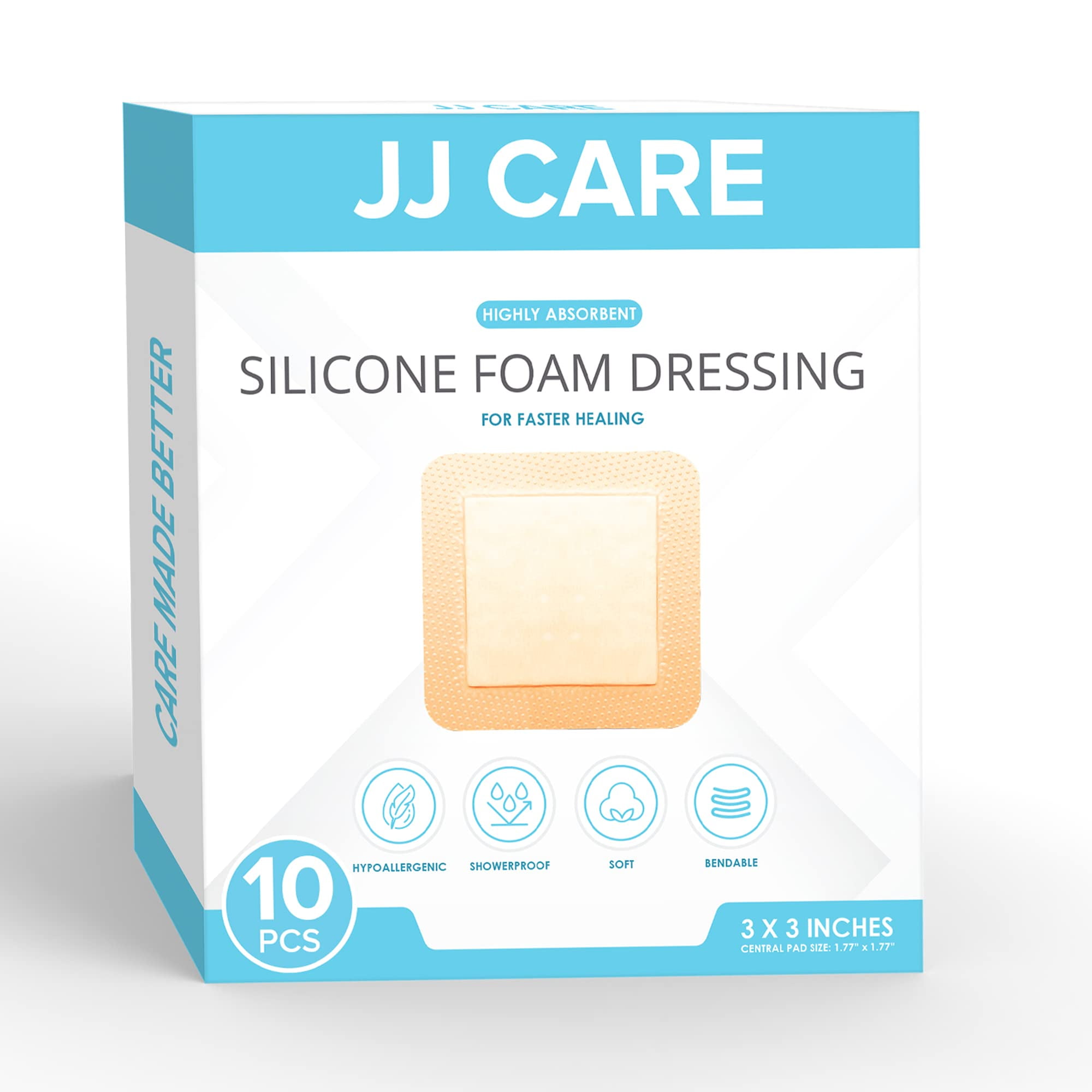 JJ CARE Silicone Foam Dressing 3x3 [Pack of 10], Silicone Bandages for ...