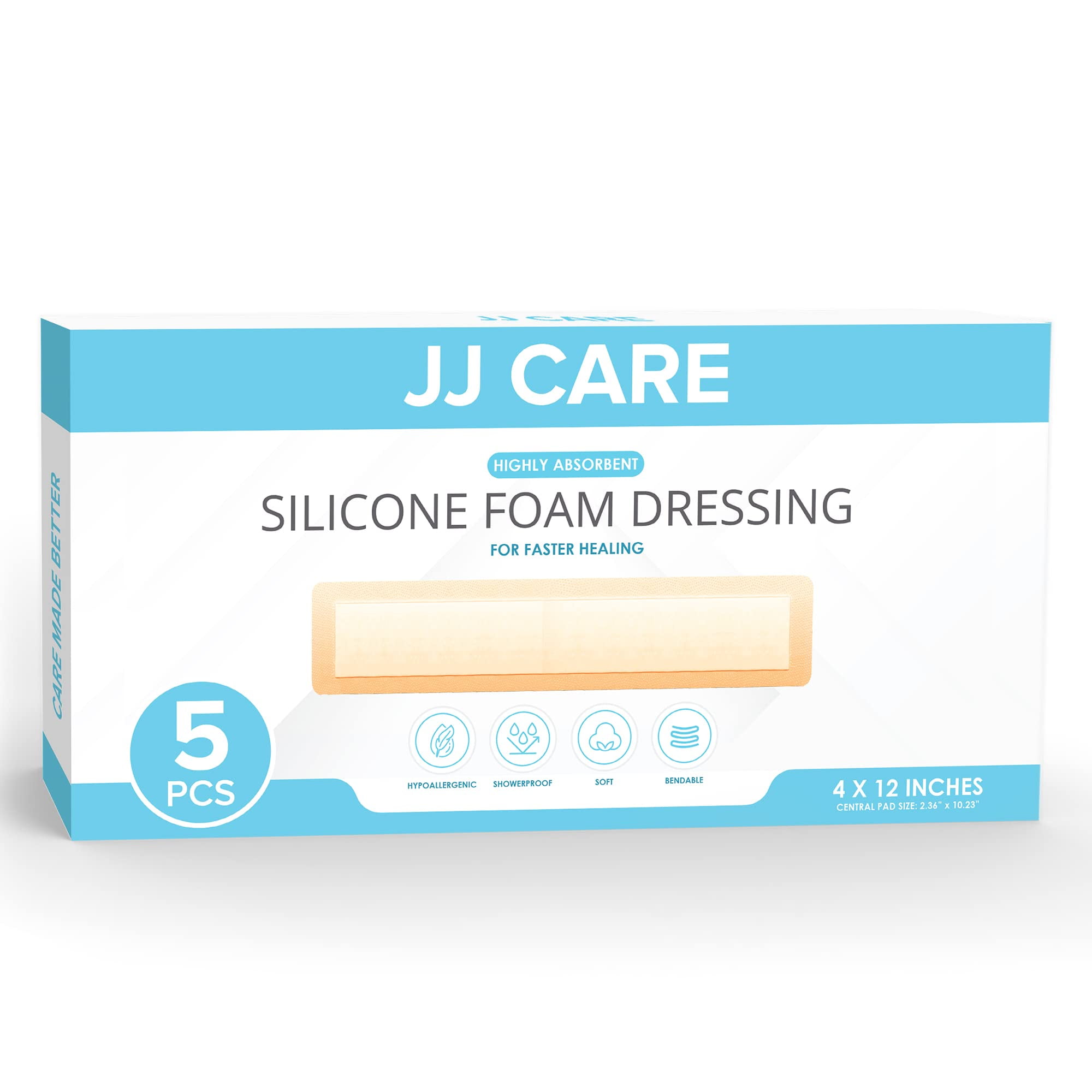 JJ CARE Silicone Foam Dressing [Pack of 5], 4x12 Silicone Bandages for ...