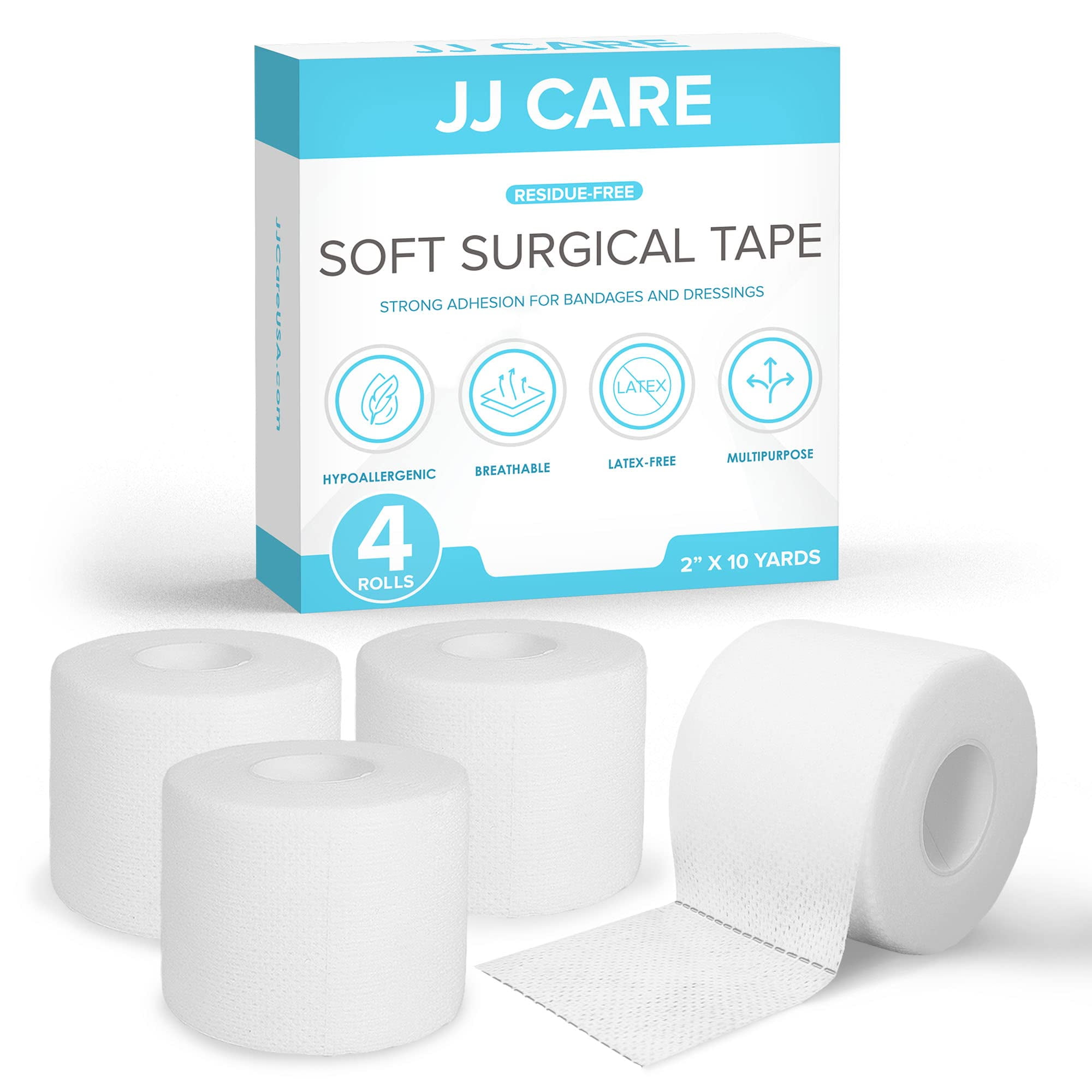 JJ CARE Soft Surgical Tape [Pack of 4], 2” x 10 Yards Soft Cloth Tape ...