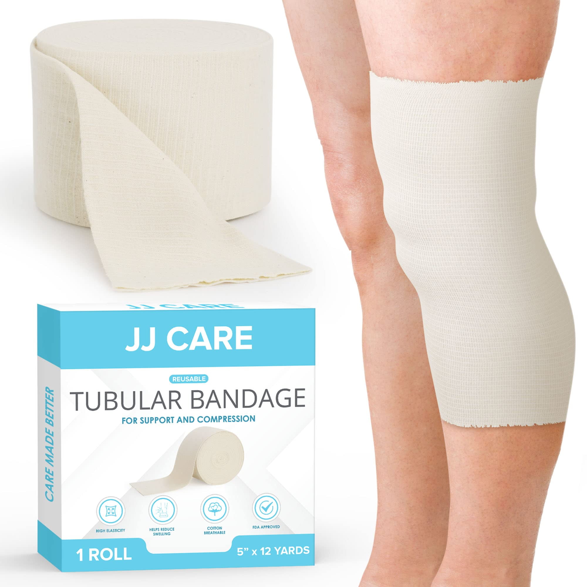 JJ CARE Tubular Bandage, 5” x 12 Yards Stockinette Tubing for Legs and Knees, Size G Reusable ...