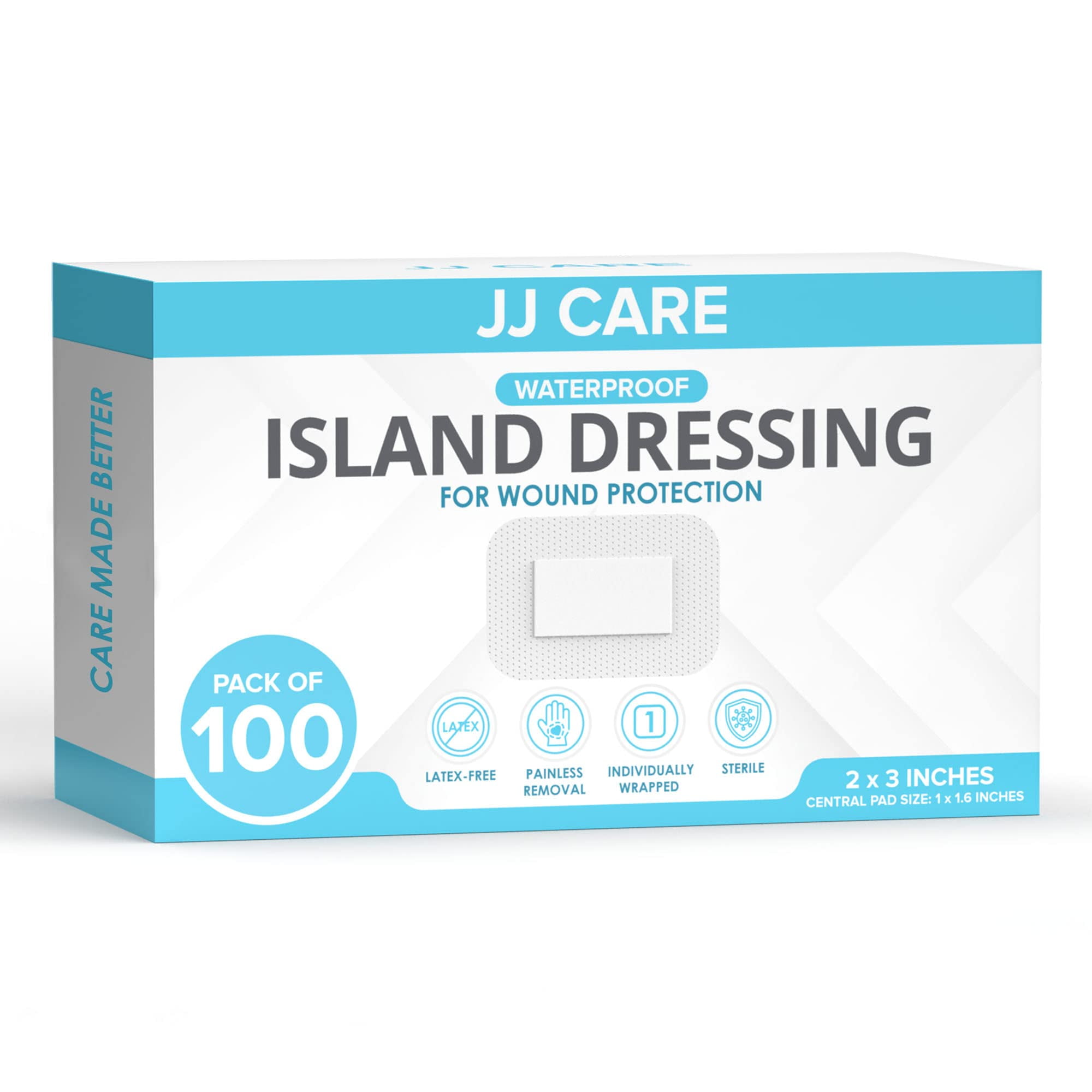 JJ CARE Waterproof Post-Surgical Adhesive Island Dressing, Sterile Wound Bandages, 2"x3", Pack ...