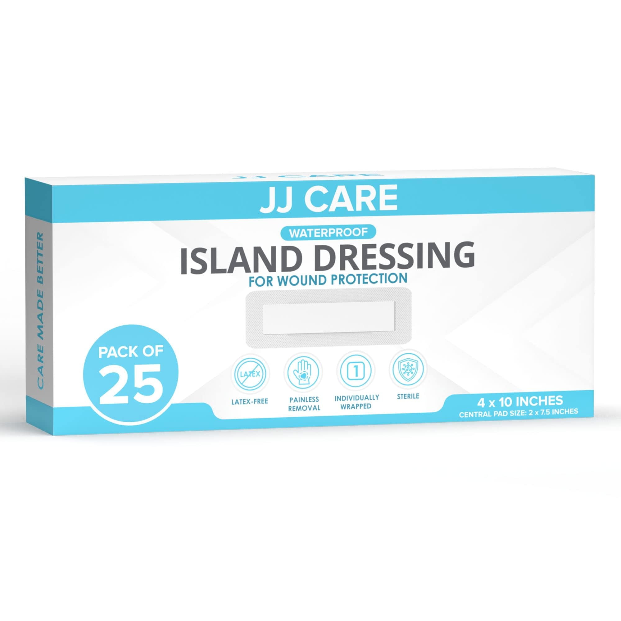JJ CARE Waterproof Adhesive Island Dressing [Pack of 25], 4" x 10" Sterile Island Wound Dressing ...
