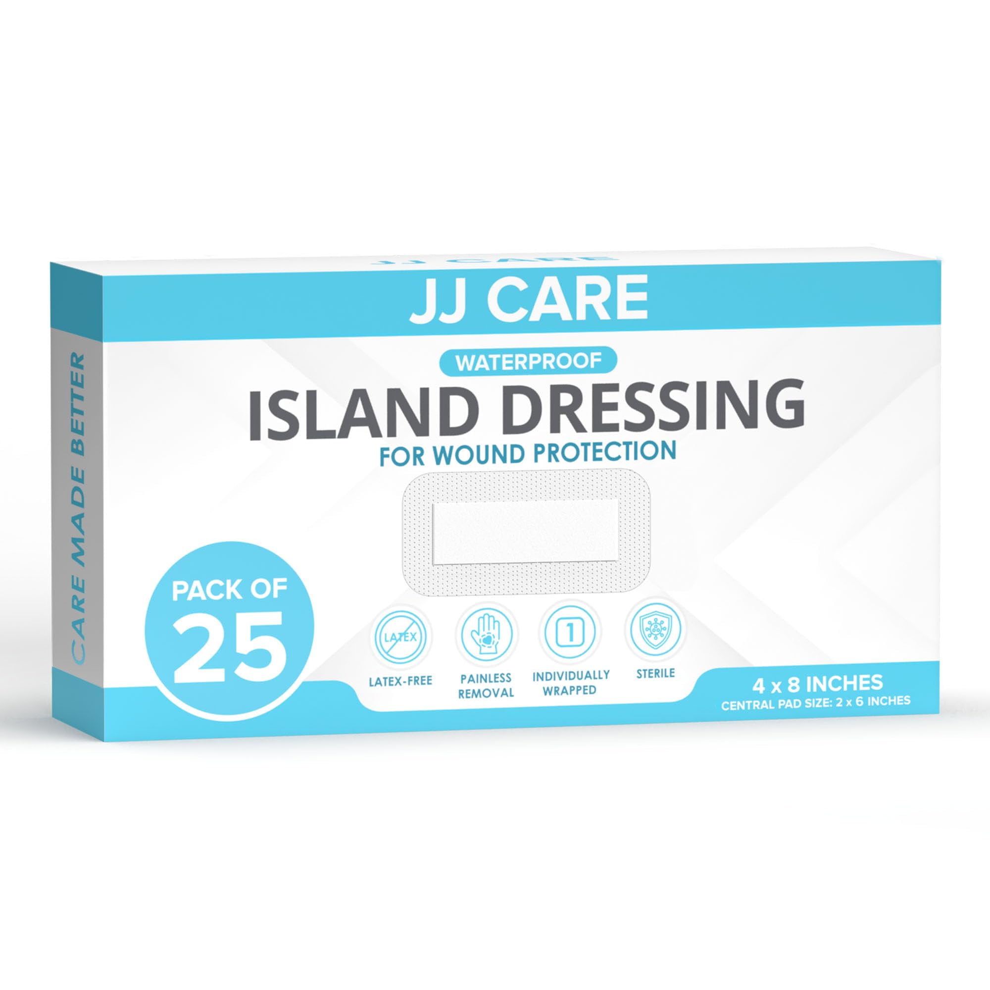 JJ CARE Waterproof Adhesive Island Dressing [Pack of 25], 4” x 8” Sterile Island Dressing ...