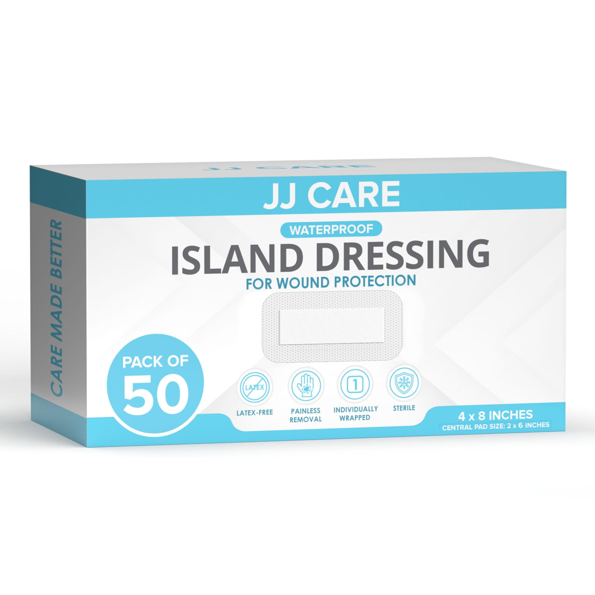 JJ CARE Sterile Island Wound Dressings, 4”x8” Non-Stick Surgical Film, Waterproof Adhesive ...