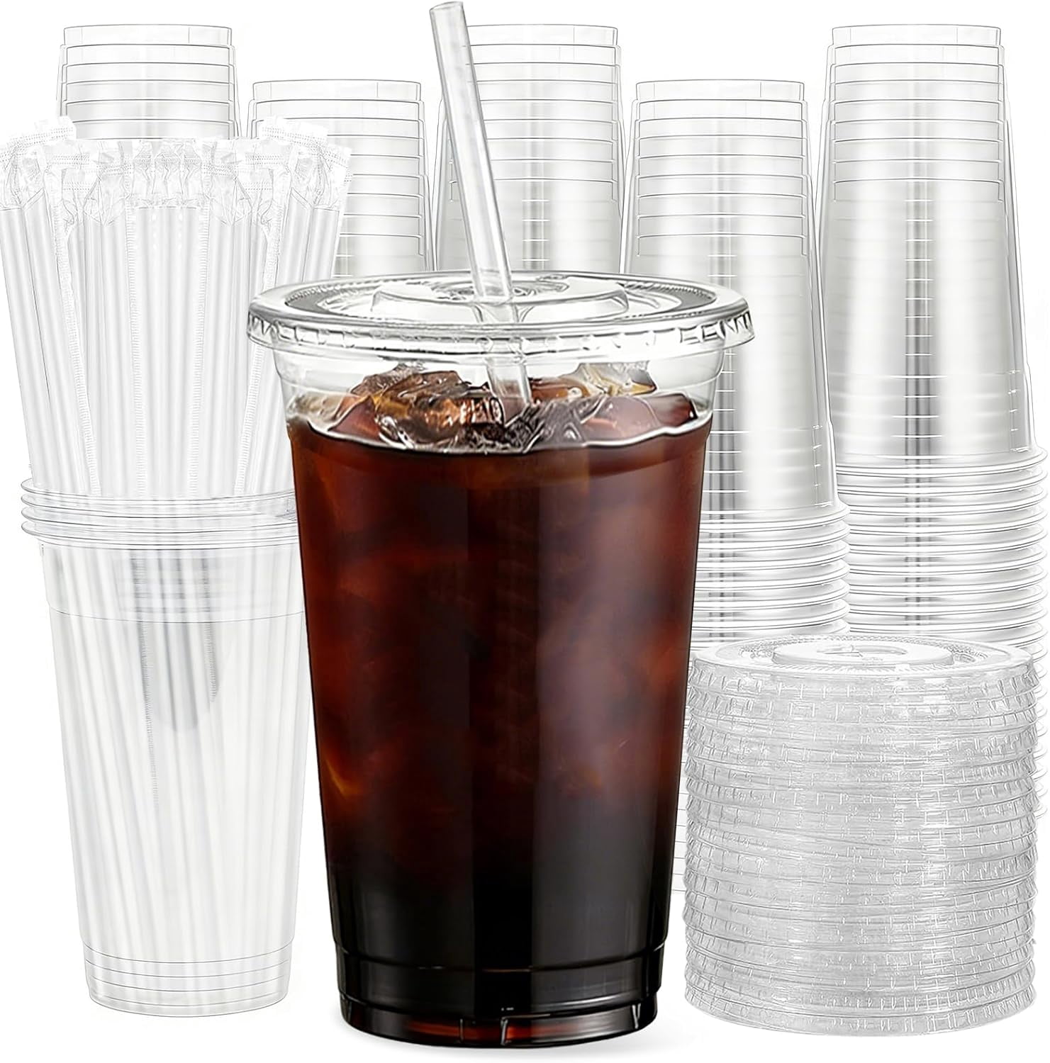JJEAN-100 Pack 20oz Clear Plastic Cups with Lids and Straws, Disposable ...