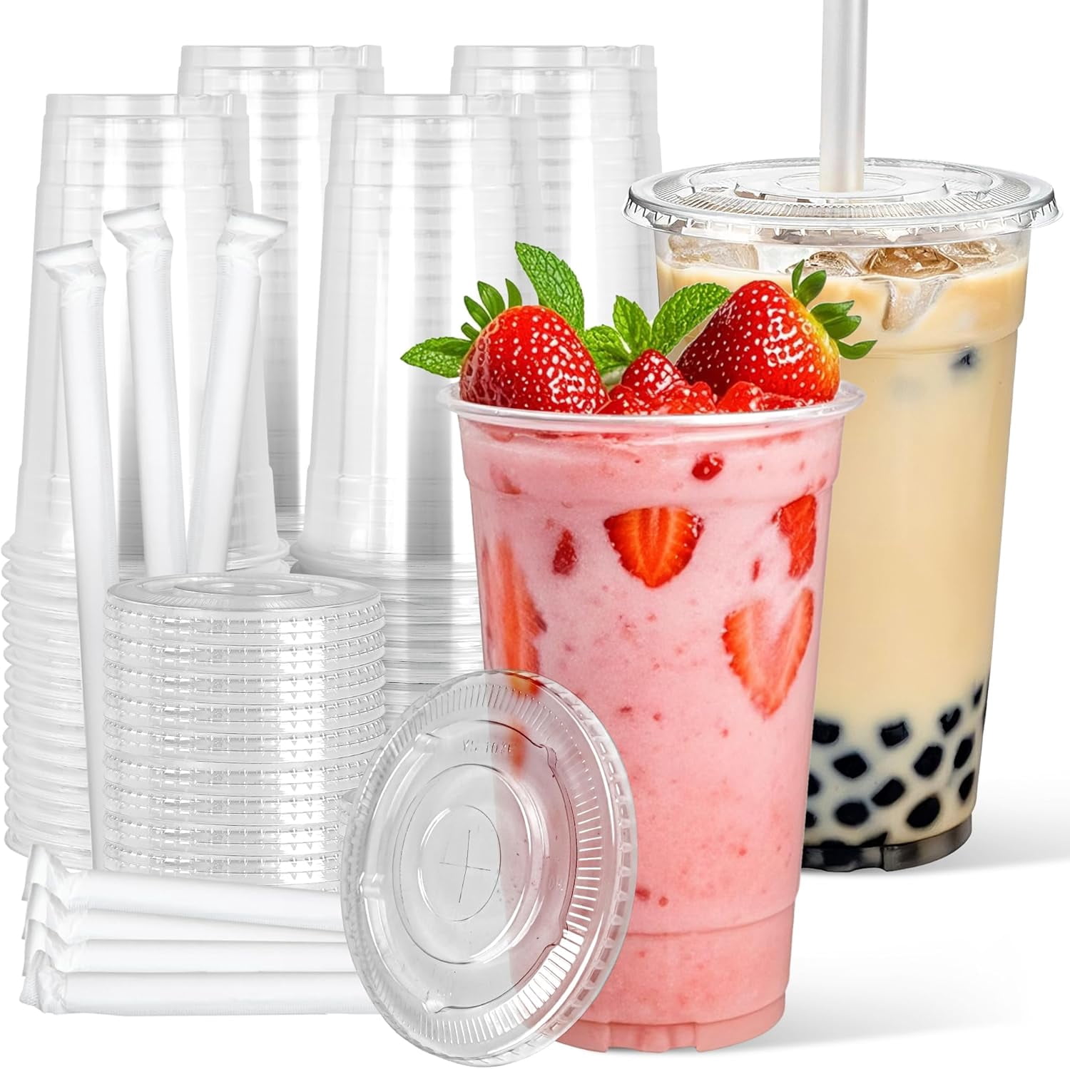 JJEAN-32 oz Clear Plastic Cups with Lids and Jumbo Boba Straws ...