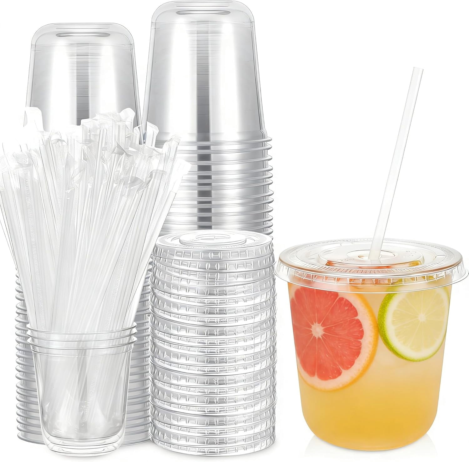 JJEAN-50 Set Plastic Cups with Lids and Straws, Disposable Clear Iced ...