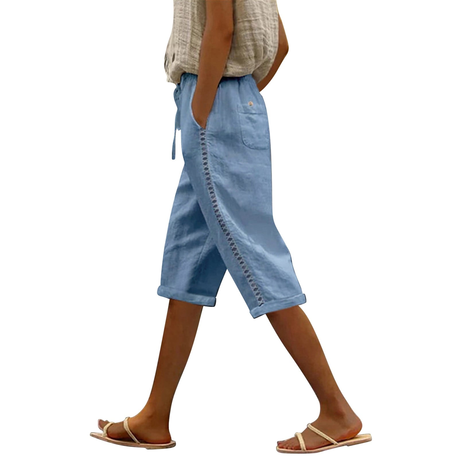 JJHGVB Cotton Linen Capris for Women Beach Boho Pants Wide Leg Capri ...