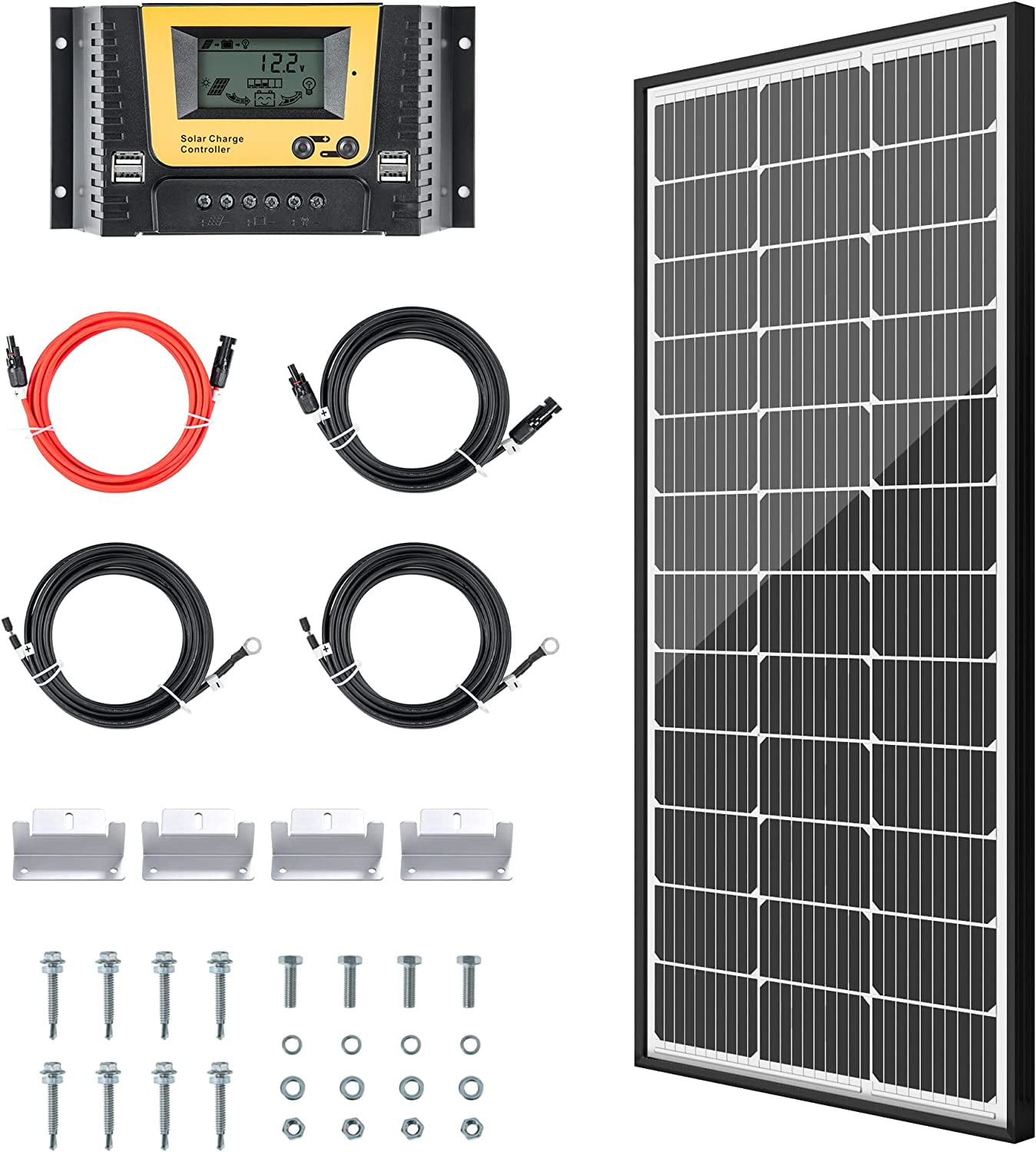 JJN 12V 100W Monocrystalline Solar Panel Starter Kit, 20A PWM Charge ...