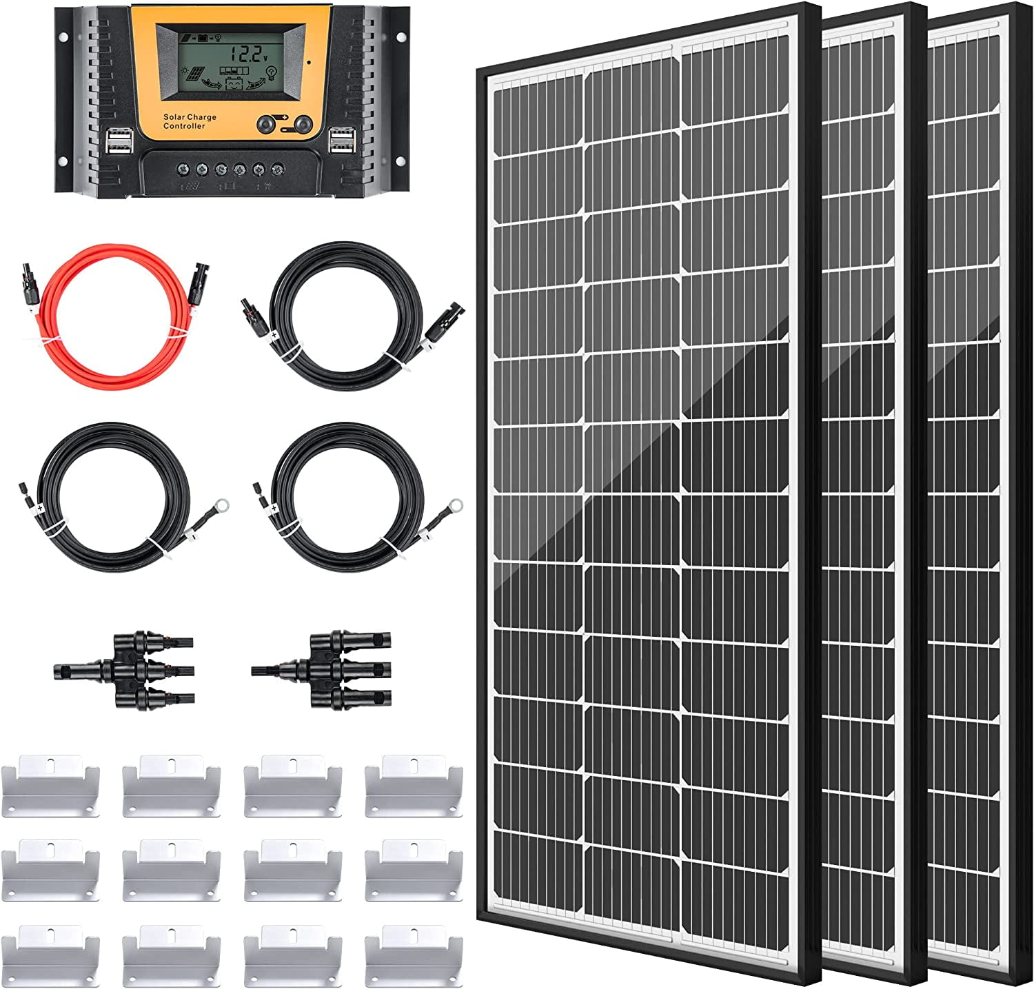 JJN 12 Volt 300w Monocrystalline Solar Panel Off-Grid Starter Kit with 40A PWM Charge Controller ...