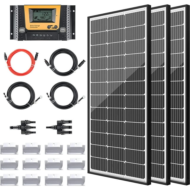JJN 12 Volt 300w Monocrystalline Solar Panel Off-Grid Starter Kit with 40A PWM Charge Controller ...