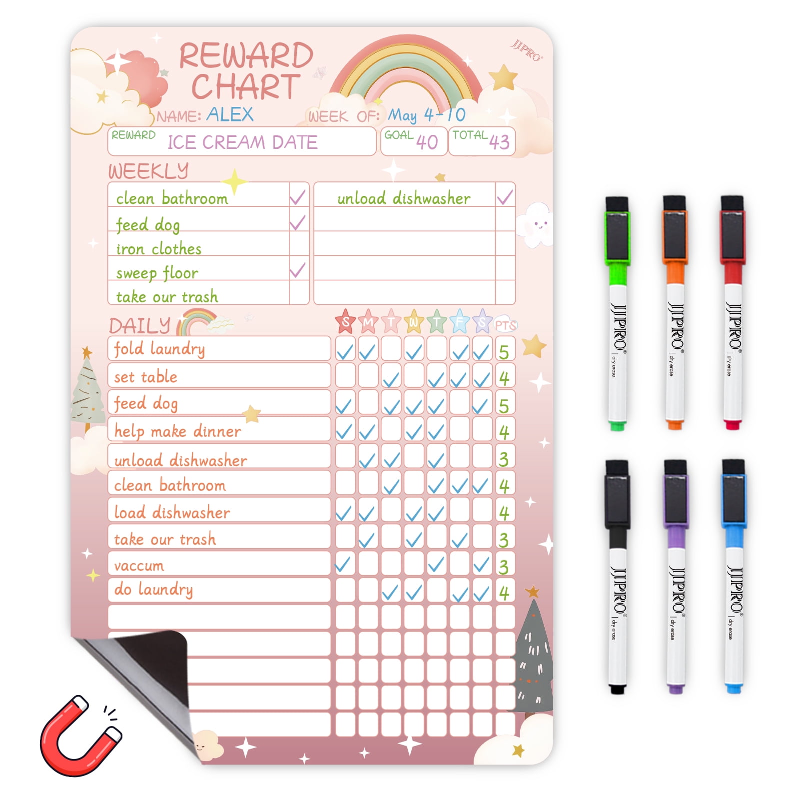 JJPRO Magnetic Dry Erase Chore Chart for Fridge-Used for Kids Behavior ...