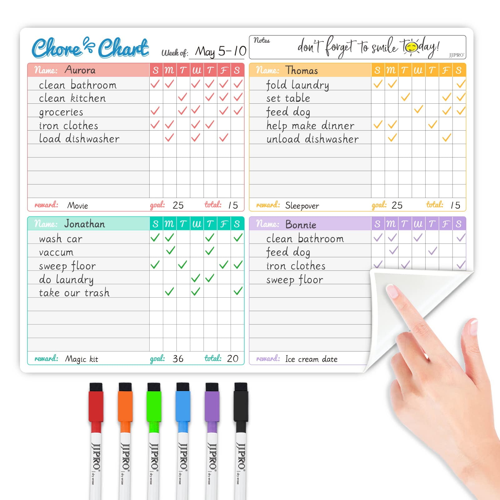 JJPRO Non-Magnetic Dry Erase Chore Chart Whiteboard for Fridge-Chore ...