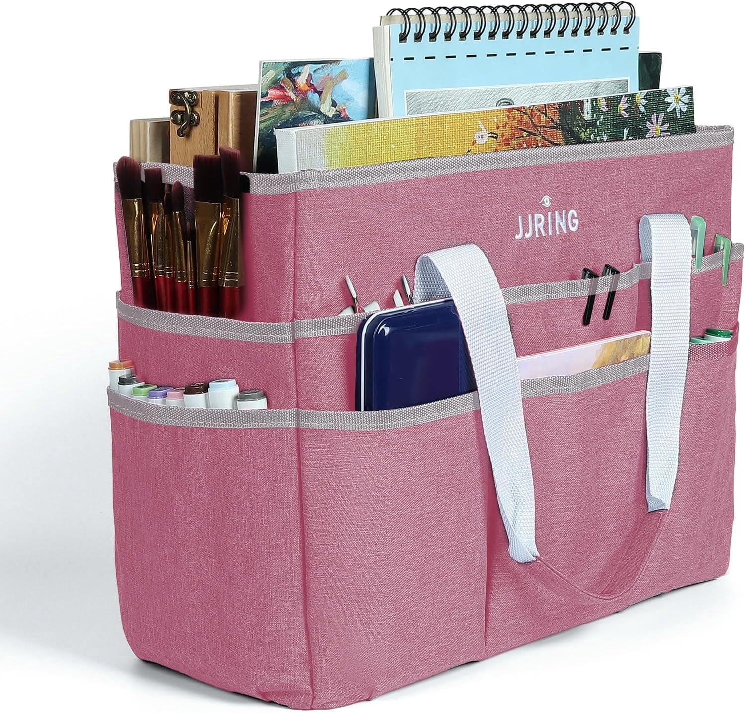 JJRING Large Craft Organizer Tote Bag, Pink Portable Art Storage Caddy ...