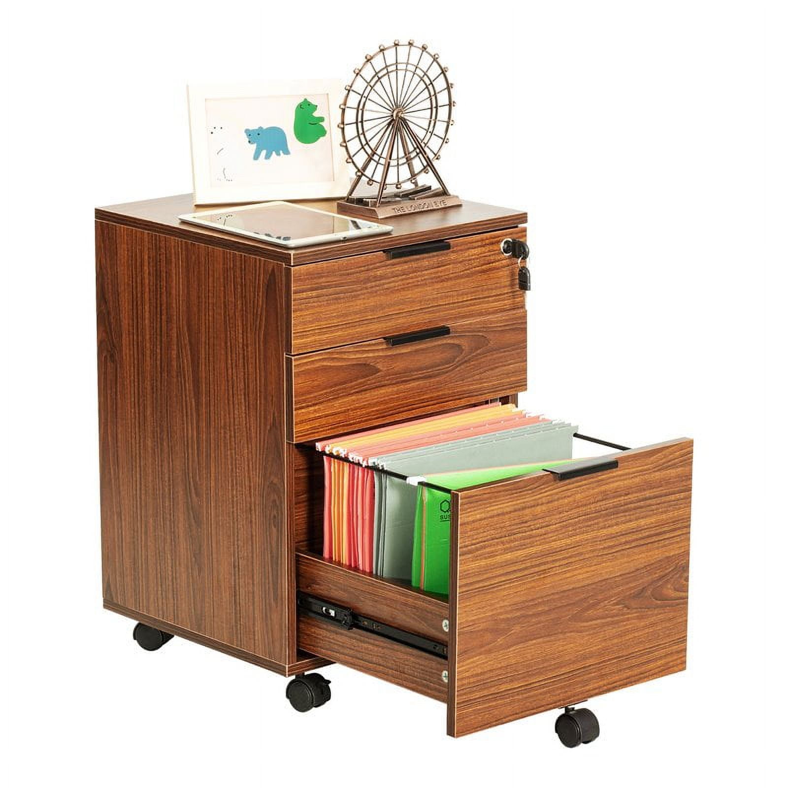 JJS 3-Drawer Modern Wood Rolling File Cabinet with Lock in Brown ...