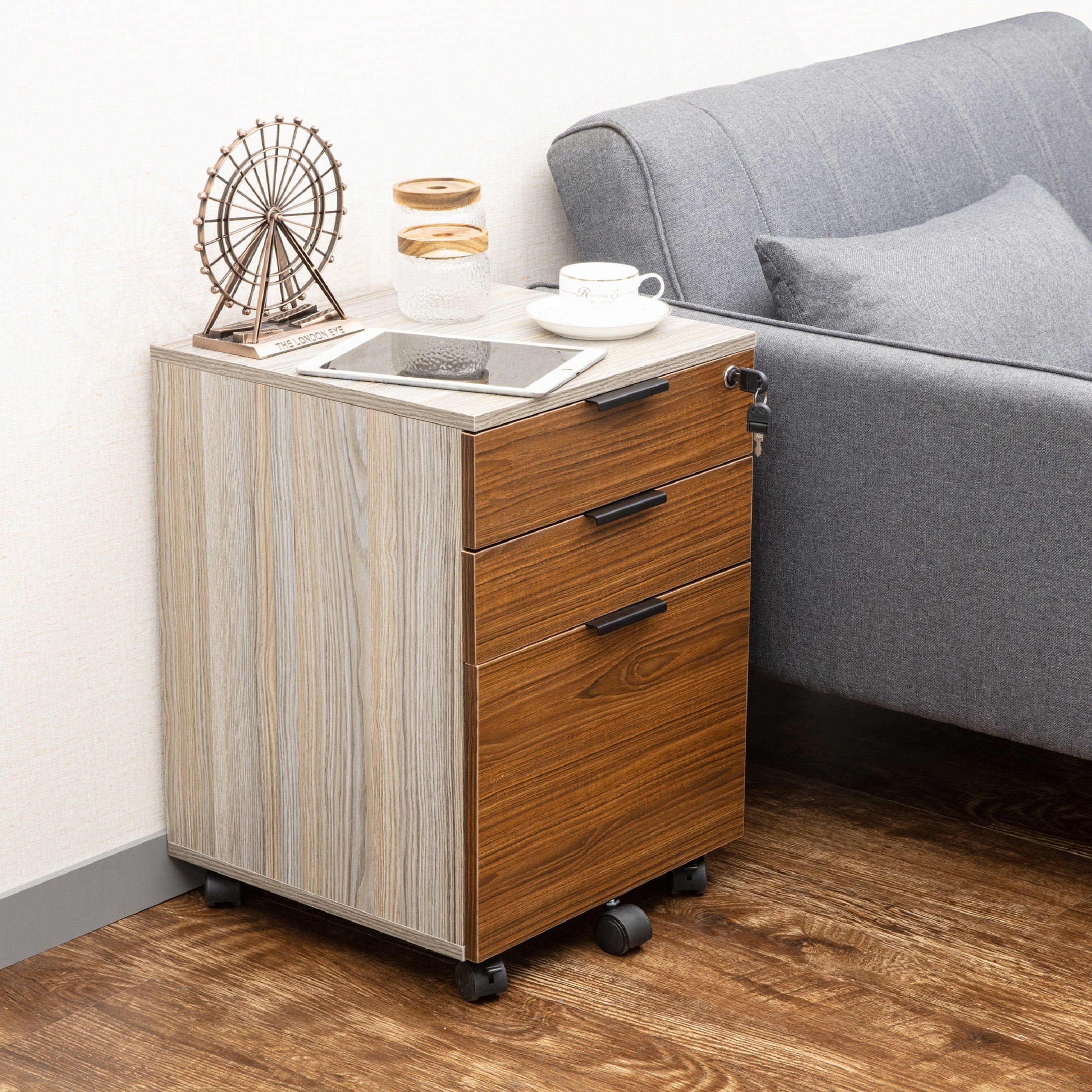 JJS 3 Drawer Rolling Wood File Cabinet with Lock, Home Office Portable ...