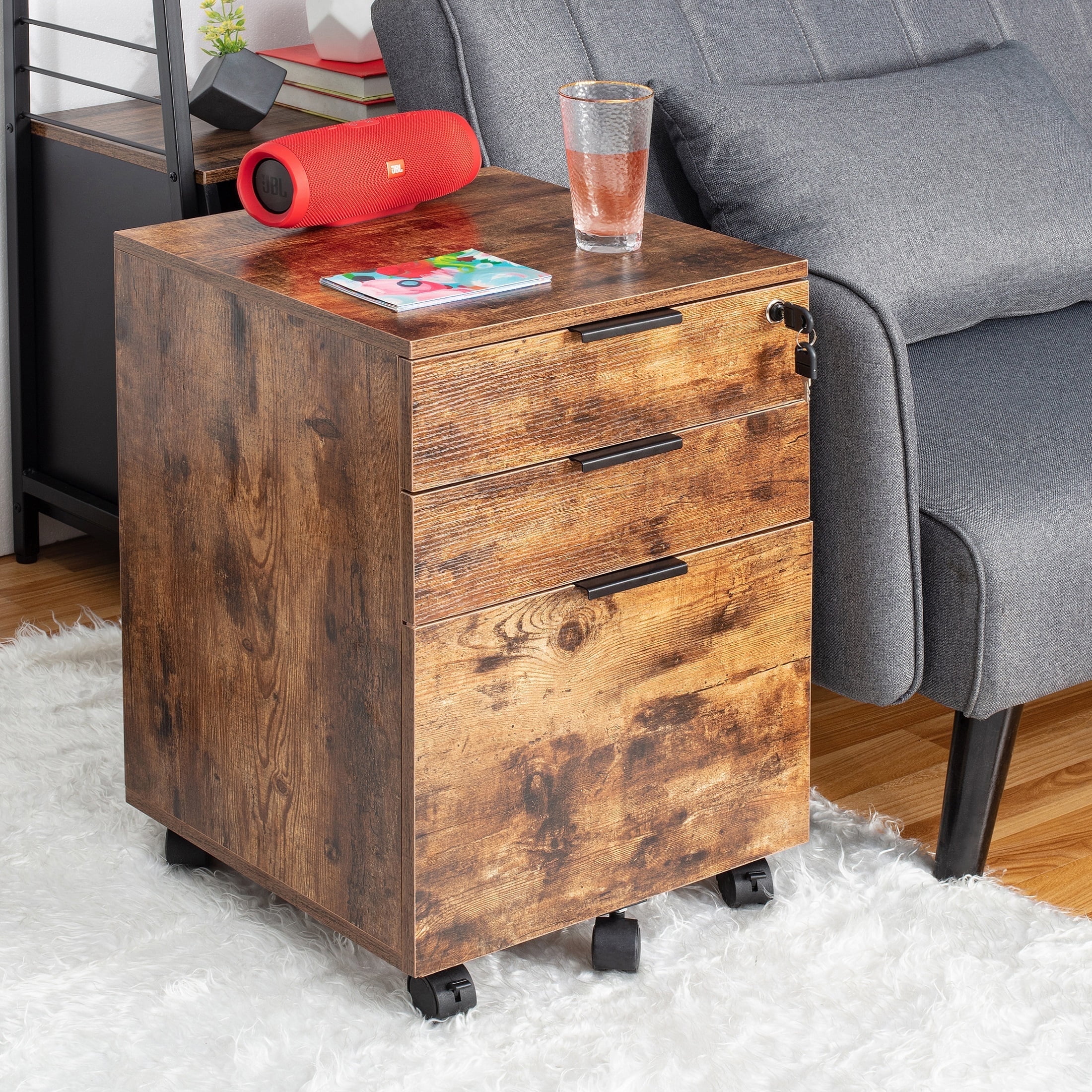 JJS 3 Drawer Rolling Wood File Cabinet with Lock, Home Office Portable ...