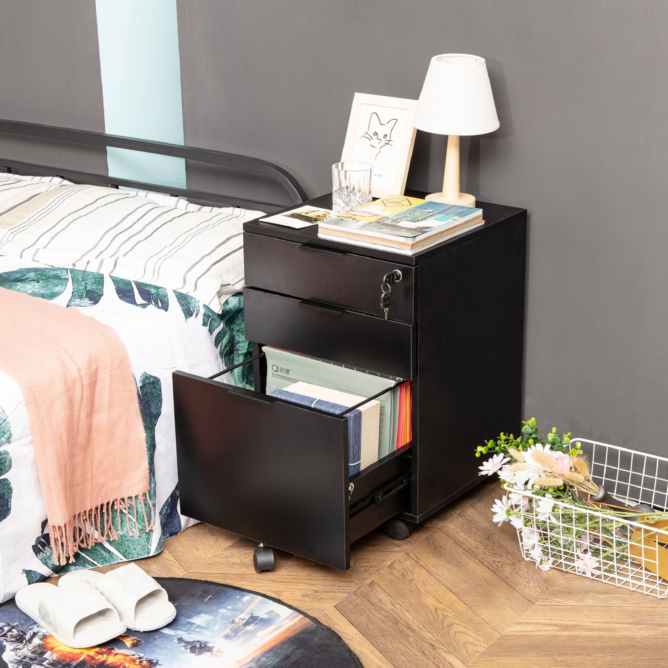 JJS 3 Drawer Rolling Wood File Cabinet with Locking Wheels, Home Office ...