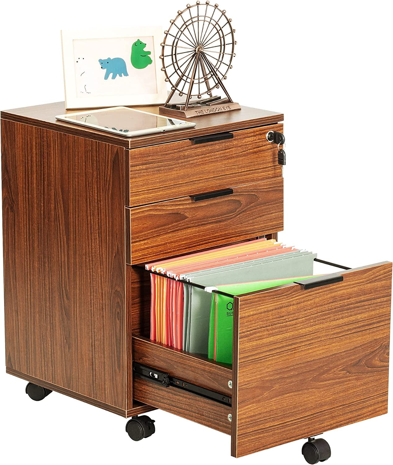 JJS 3 Drawer Rolling Wood File Cabinet with Locking Wheels, Home Office ...