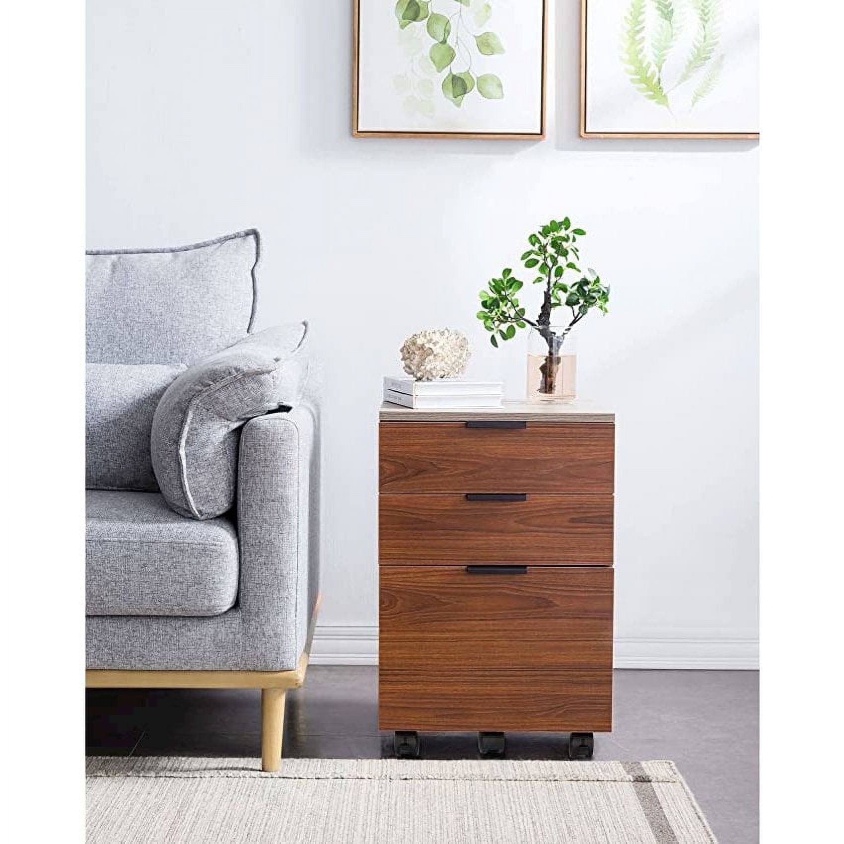 JJS 3 Drawer Rolling Wood File Cabinet with Locking Wheels, Home Office ...